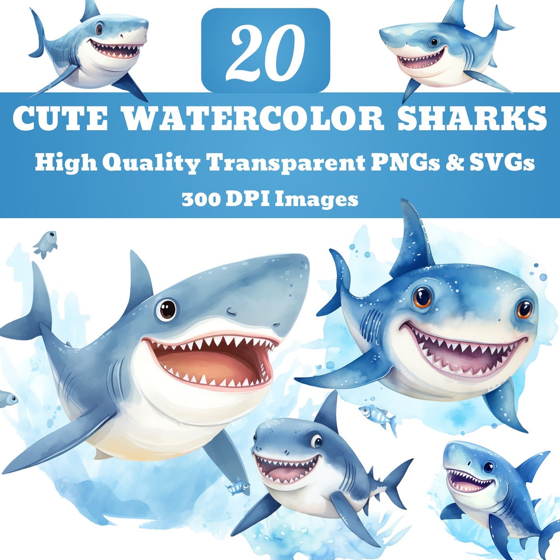Cute Shark Watercolor Clipart, Nursery Decor (PNG SVG) - Etsy