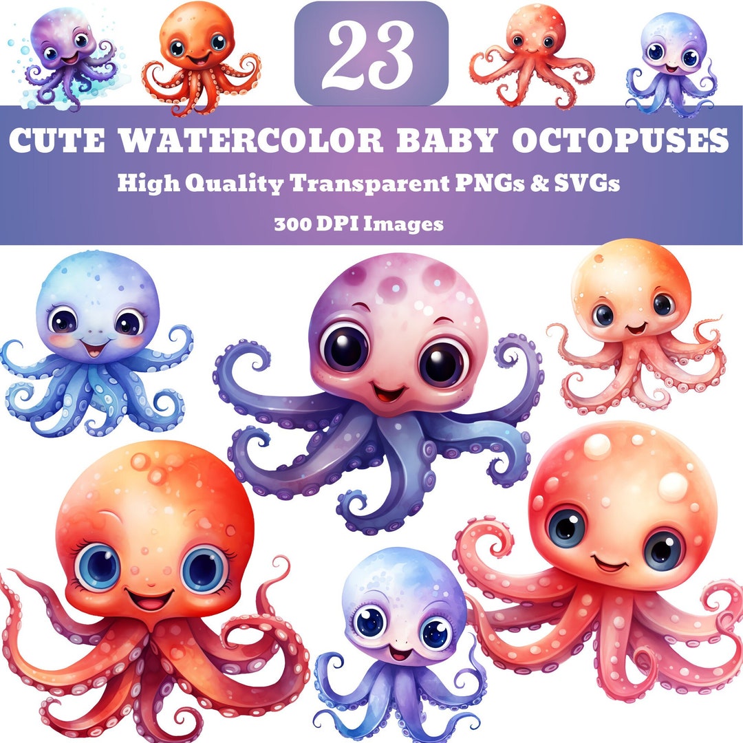 Cute Watercolor Baby Octopus SVG PNG Clipart, Ocean Life Clipart, Ocean ...