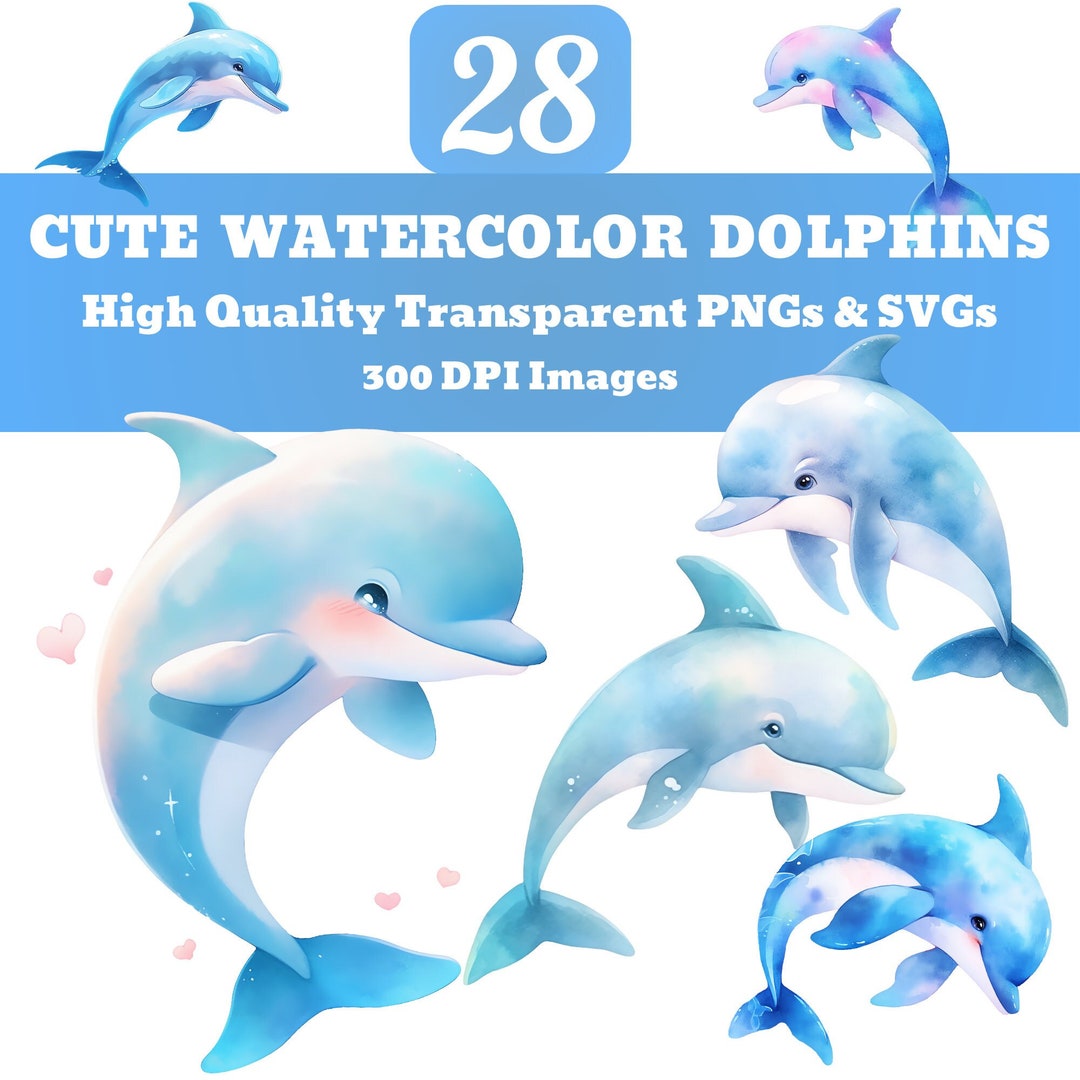 Cute Watercolor Dolphin PNG SVG Clipart, Ocean Animals, Sea Life ...