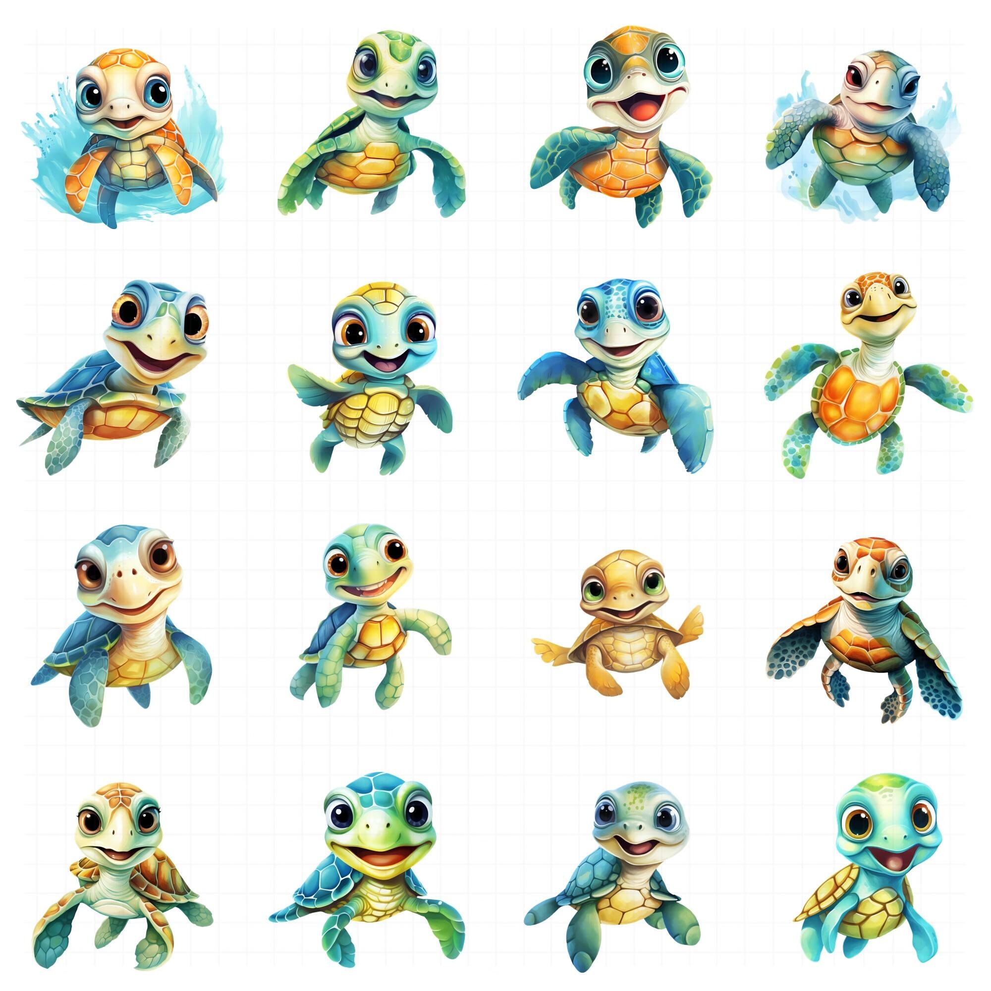 Cute Baby Watercolor Sea Turtle PNG Clipart Bundle, Ocean Life Clipart ...