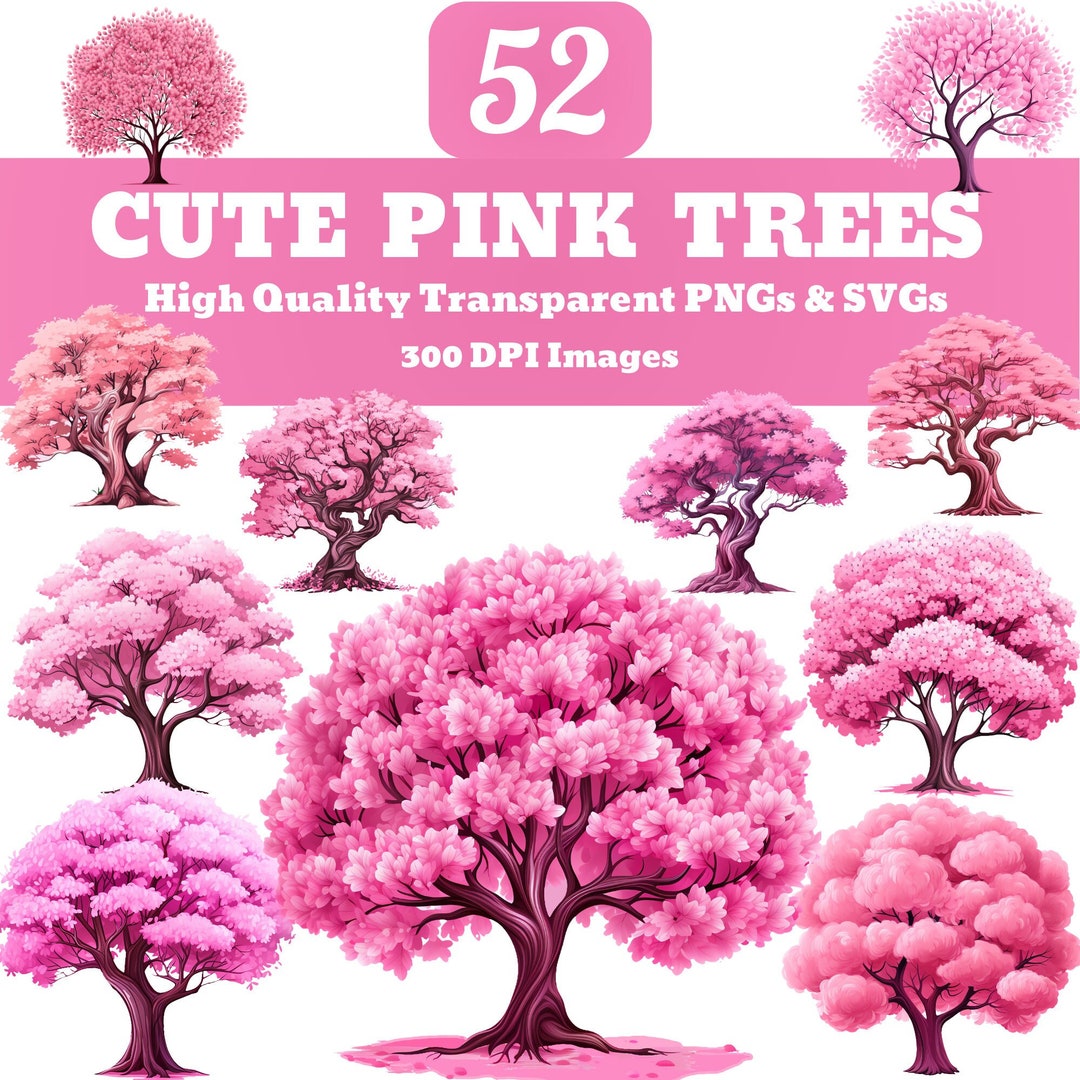 Cute Pink Trees PNG SVG Clipart Bundle, Watercolor Clipart, Digital ...