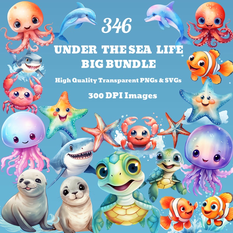Under the Sea Life Animals Watercolor Clipart, Sea Animals Png, Sea ...