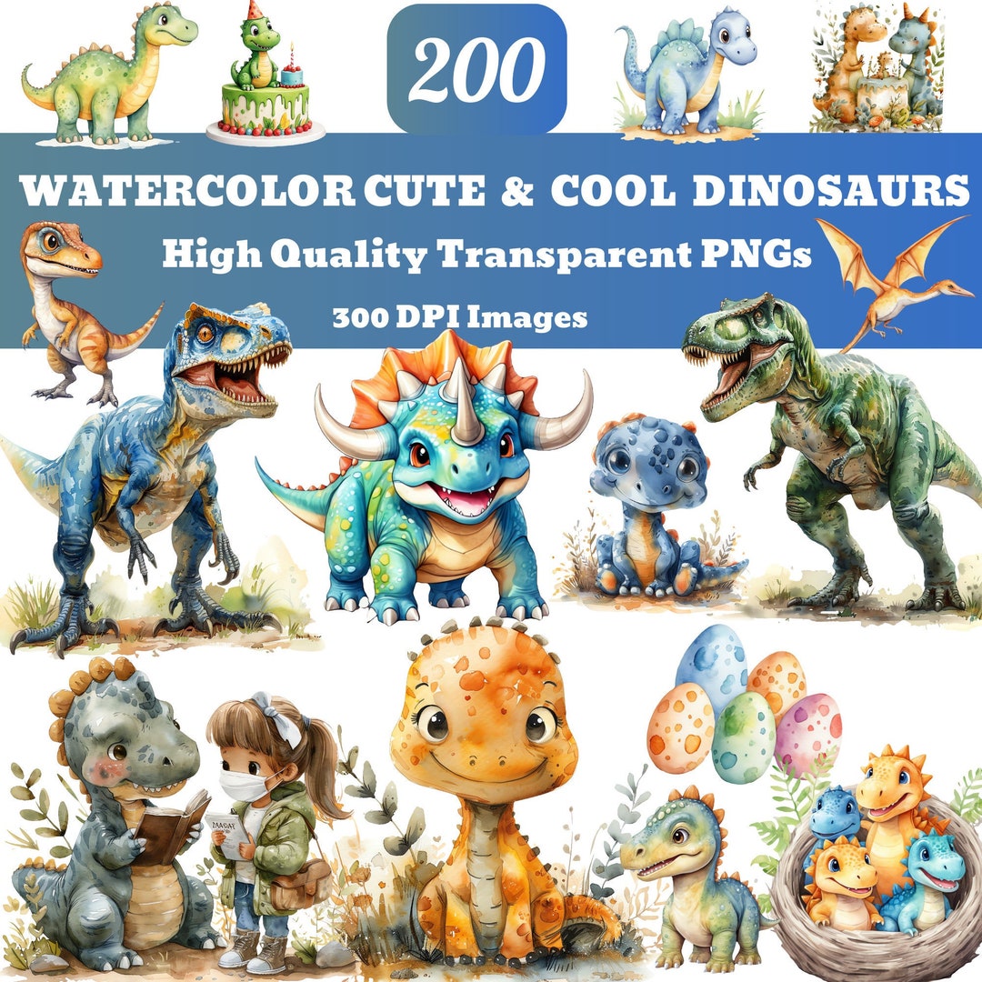 Watercolor Cute and Cool Dinosaurs PNG Clipart Bundle, Cute Dino Clip ...