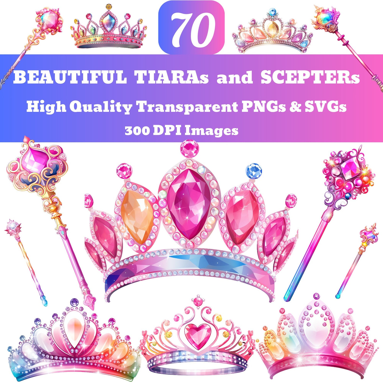Tiara and Scepter PNG SVG Clipart Bundle, Tiara Svg, Crown Svg, Crown ...