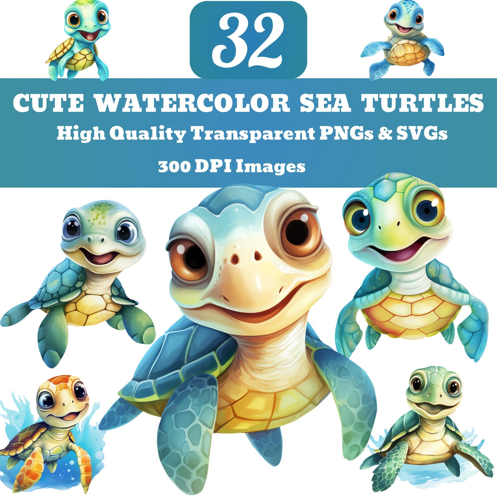 Cute Baby Watercolor Sea Turtle PNG Clipart Bundle, Ocean Life Clipart ...