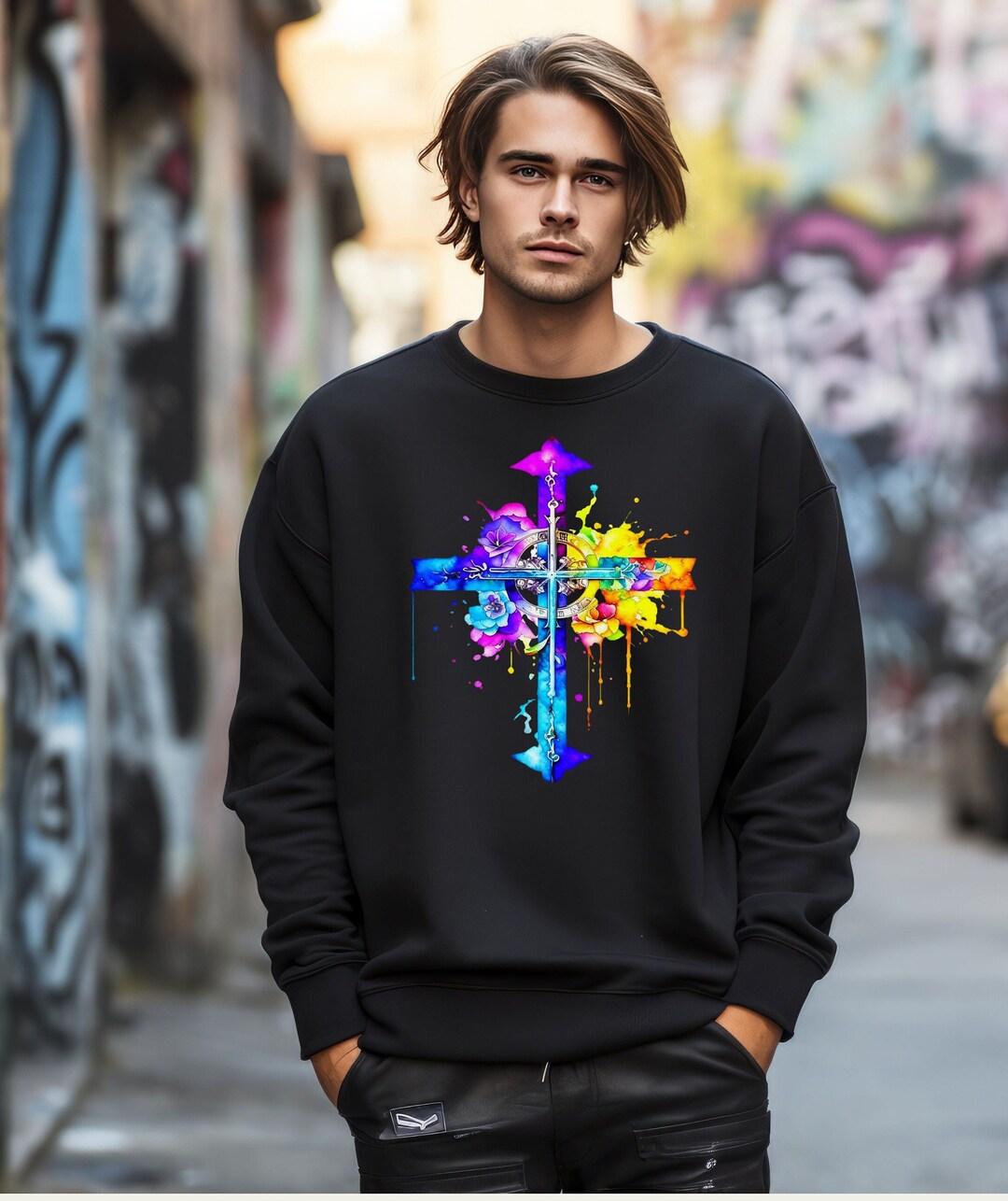 Graffiti Style Cross Shirt, Modern Black Cross Shirt, Christian Shirt ...