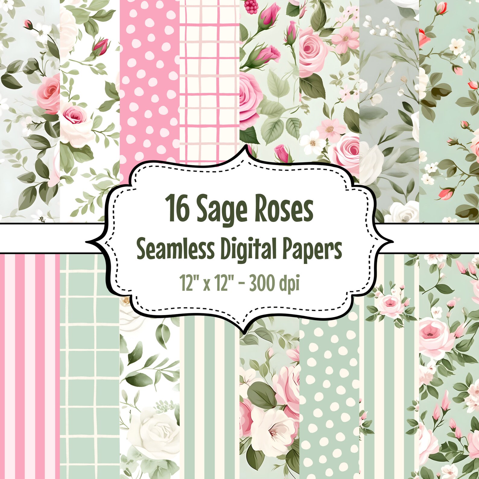 Vintage Digital Paper Roses Pink Sage Green Floral SEAMLESS Pattern ...