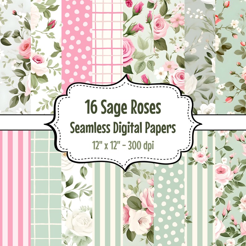 Vintage Digital Paper Roses Pink Sage Green Floral SEAMLESS Pattern ...