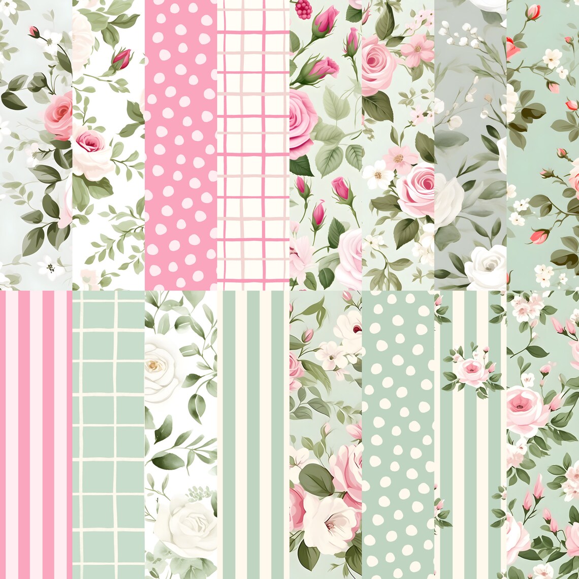 Vintage Digital Paper Roses Pink Sage Green Floral SEAMLESS Pattern ...
