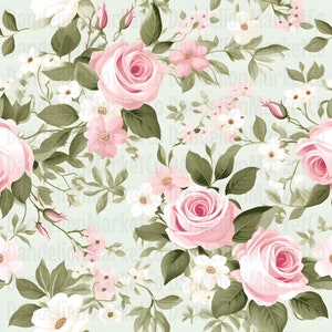 Vintage Digital Paper Roses Pink Sage Green Floral SEAMLESS Pattern ...