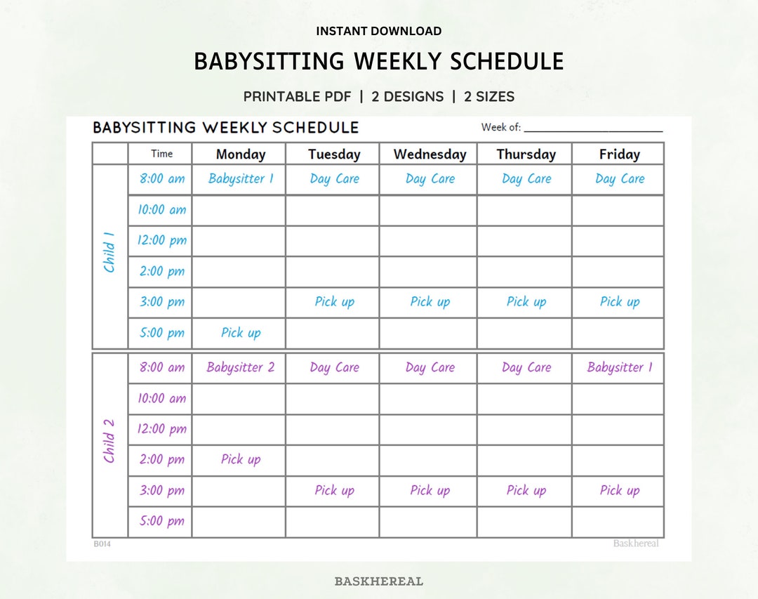 Babysitting Weekly Schedule for 2 Children, Template for Busy Parents ...