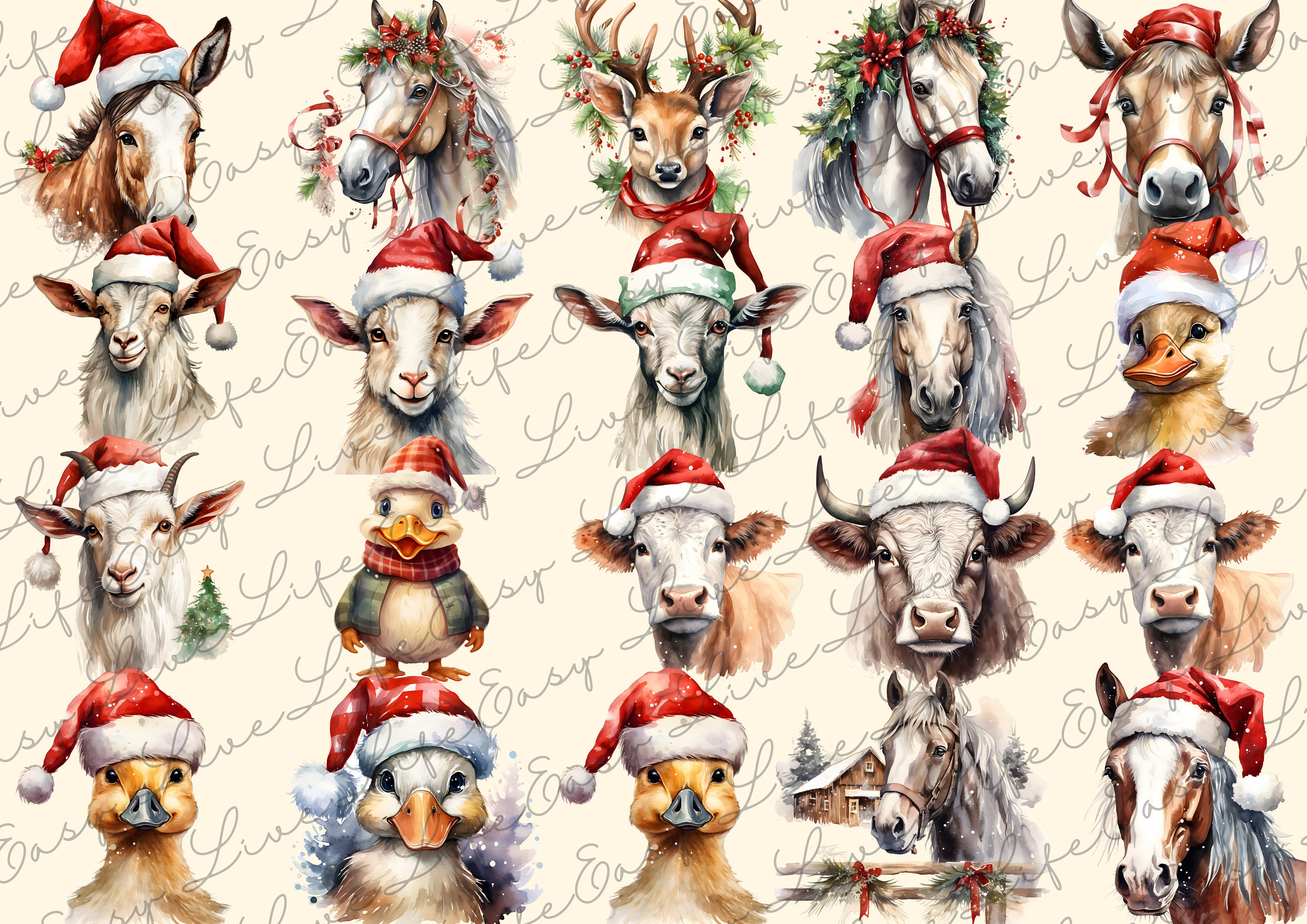 60 Christmas Watercolor Farm Animals PNG SVG Bundle, Festive Cute Farm ...
