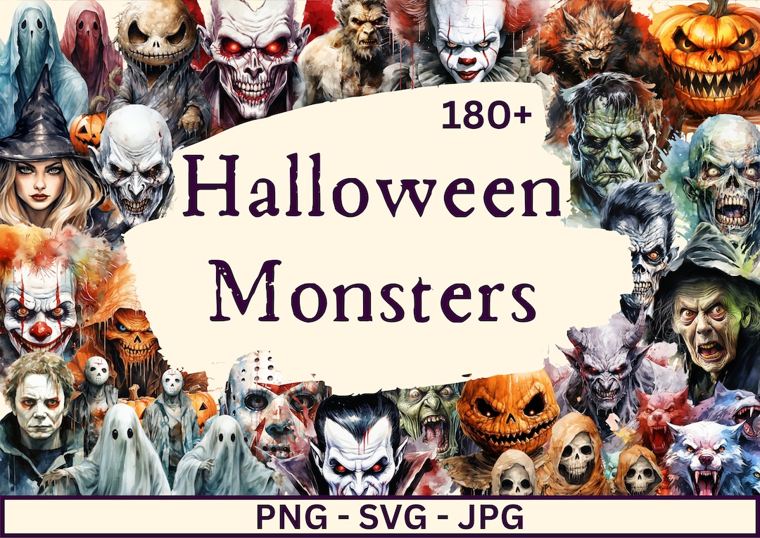 180 Watercolor Scary Halloween Monsters PNG, Halloween Clipart Bundle ...
