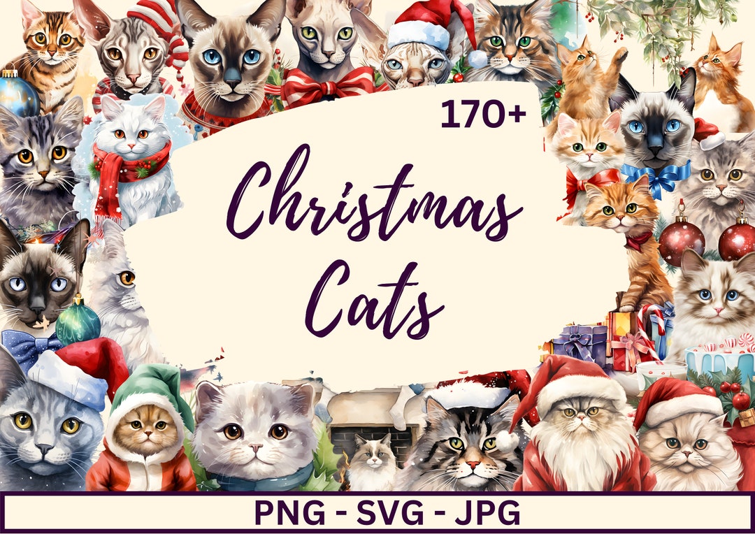 170 Watercolor Christmas Cats PNG Bundle, SVG, Cute Pastel Kitty JPG ...