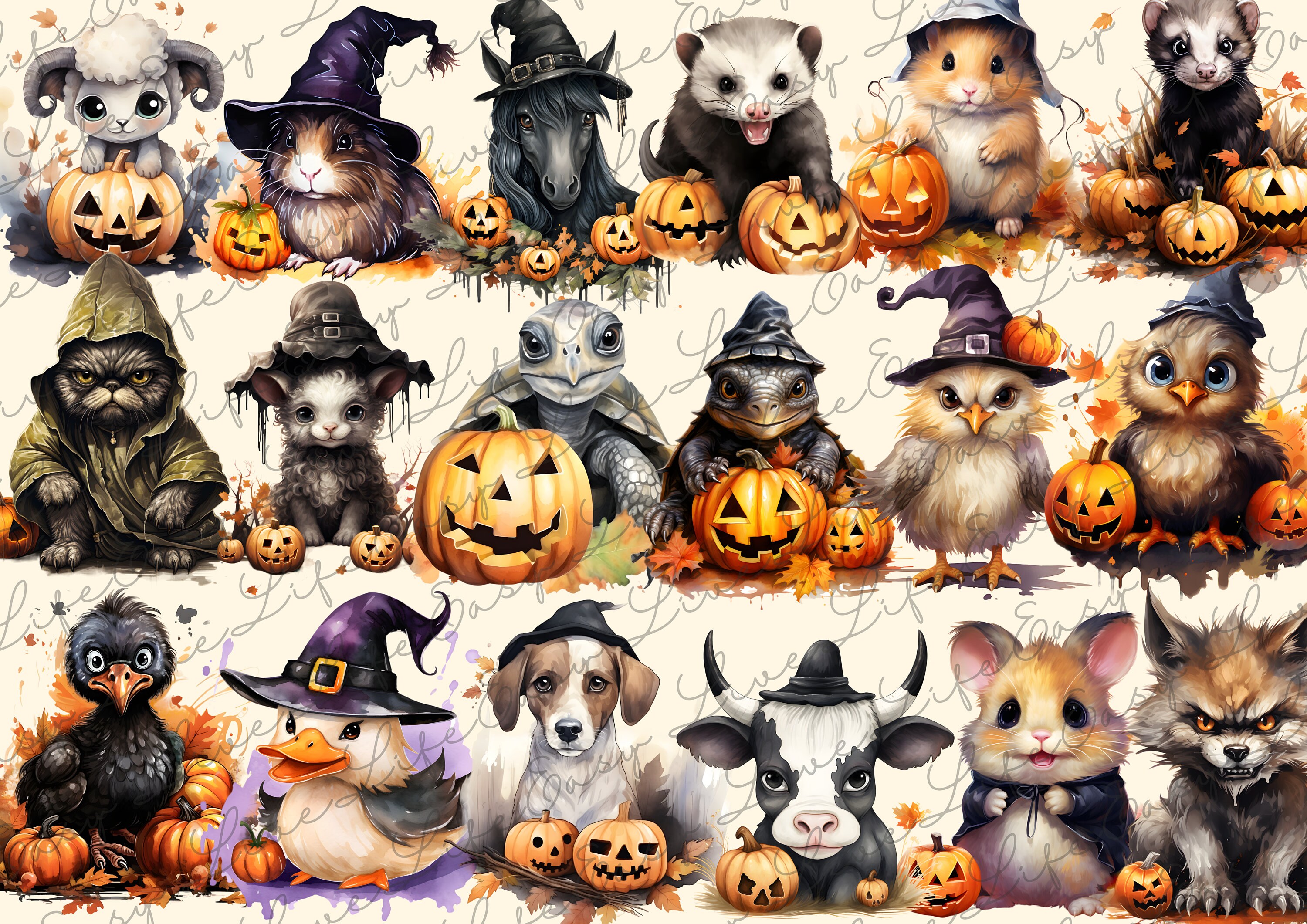 250 Watercolor Halloween Animals PNG Bundle Cute Spooky - Etsy