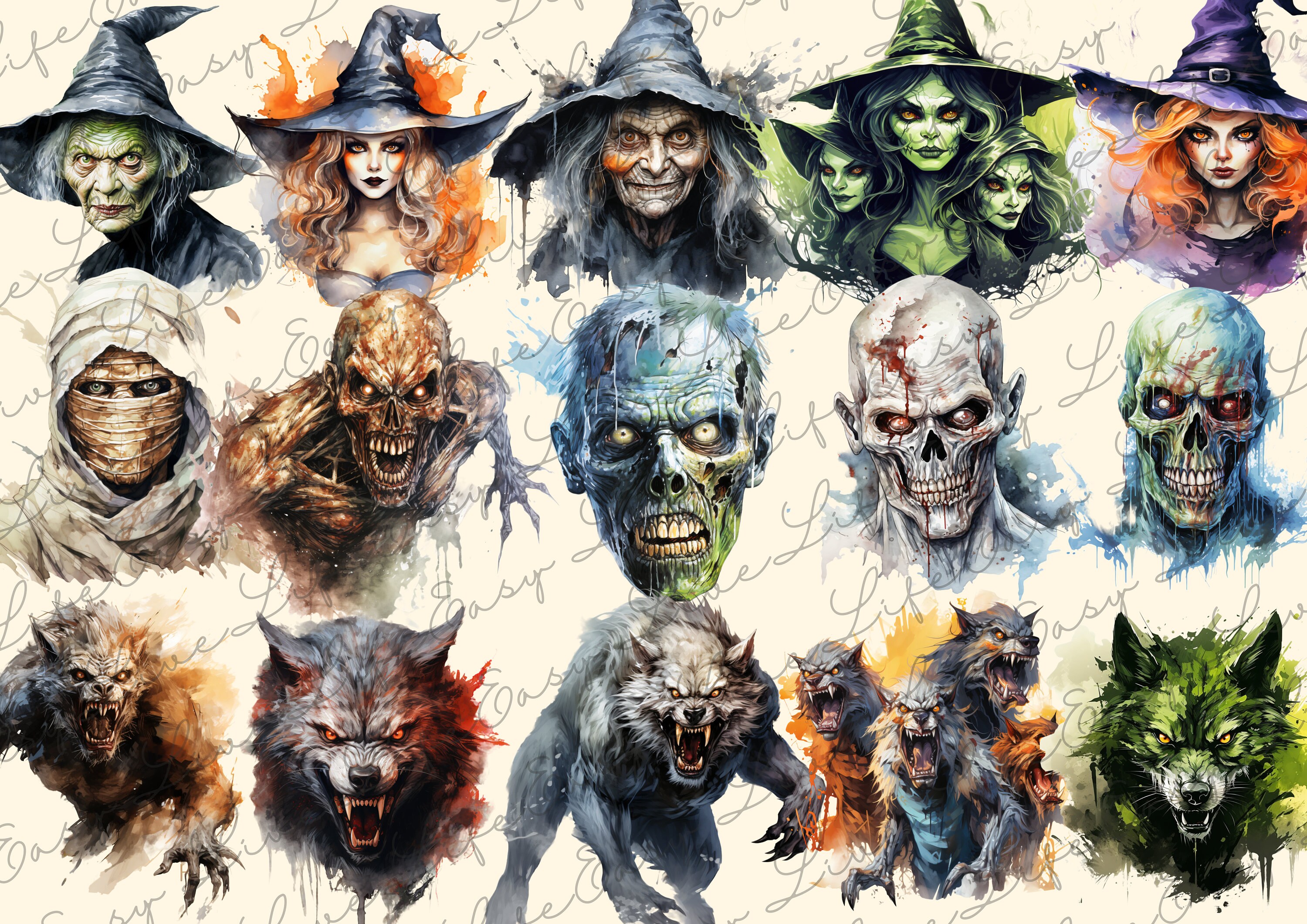 180 Watercolor Scary Halloween Monsters PNG Halloween - Etsy
