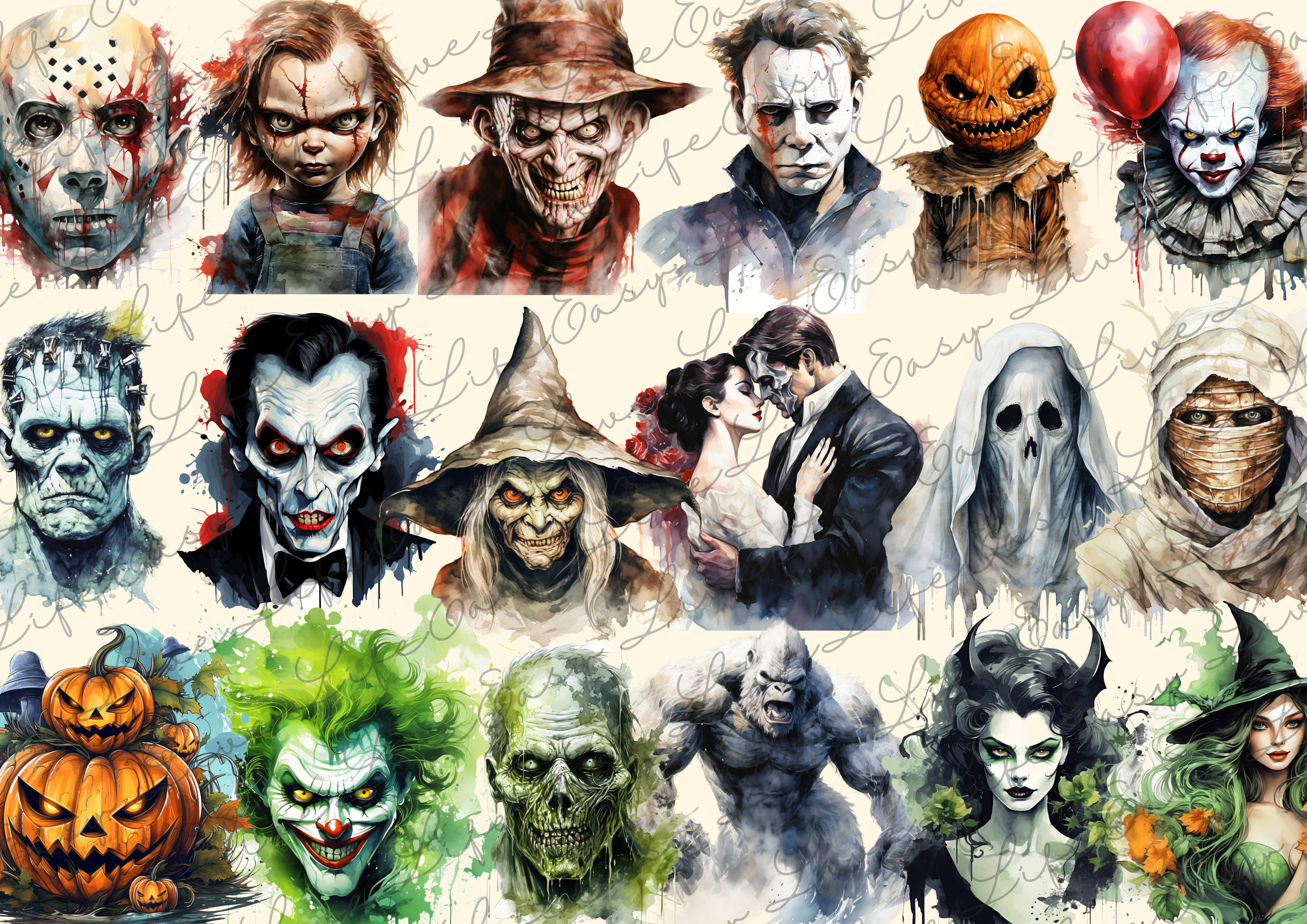 180 Watercolor Scary Halloween Monsters PNG Halloween - Etsy