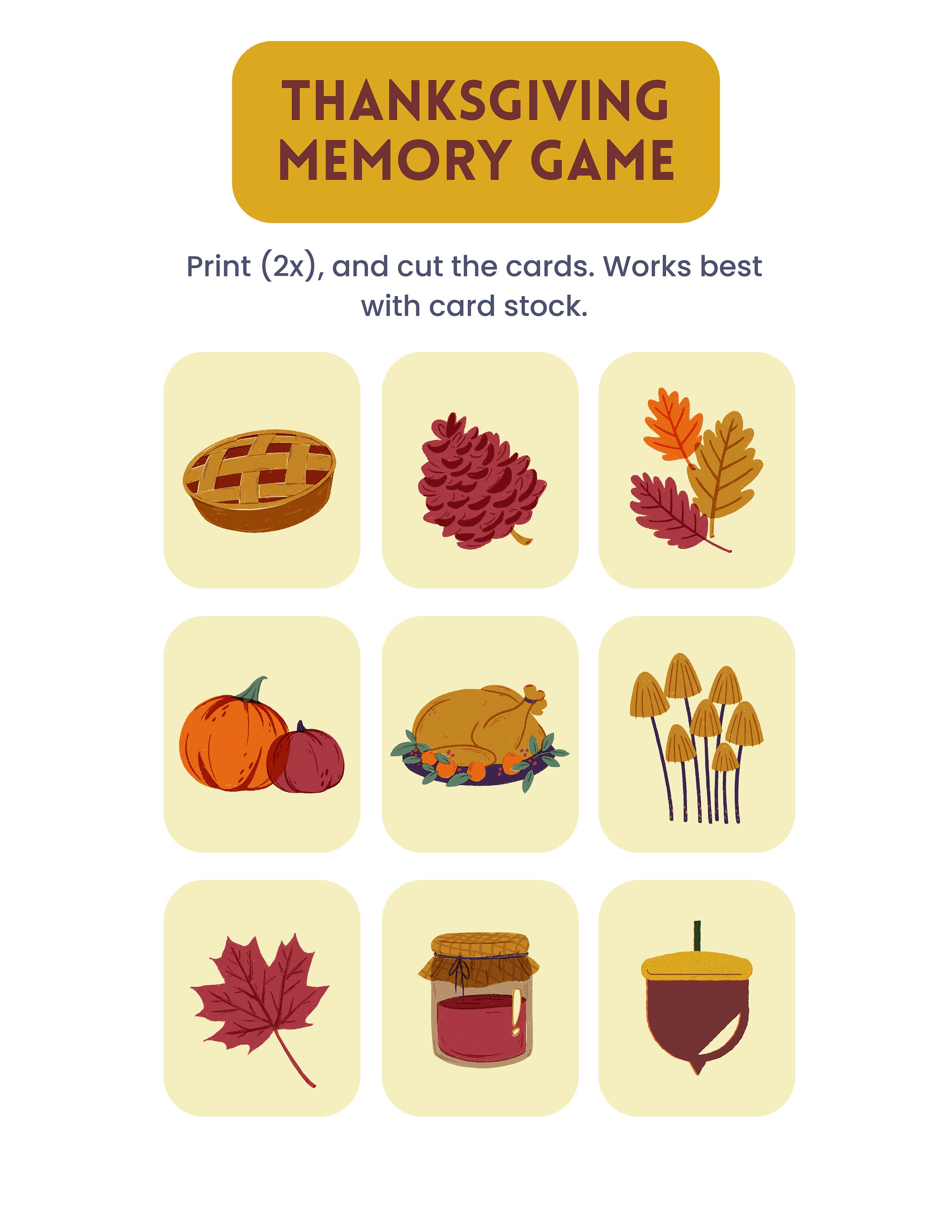 Thanksgiving Memory Game Digital Download Printable Two - Etsy
