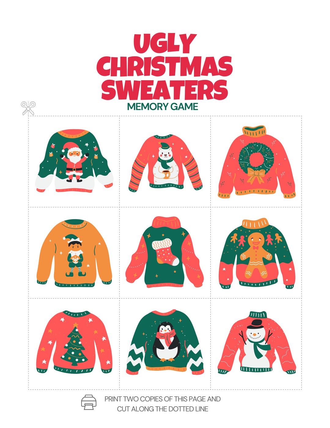Christmas Ugly Sweater Memory Match Game, Printable, Immediate Download ...