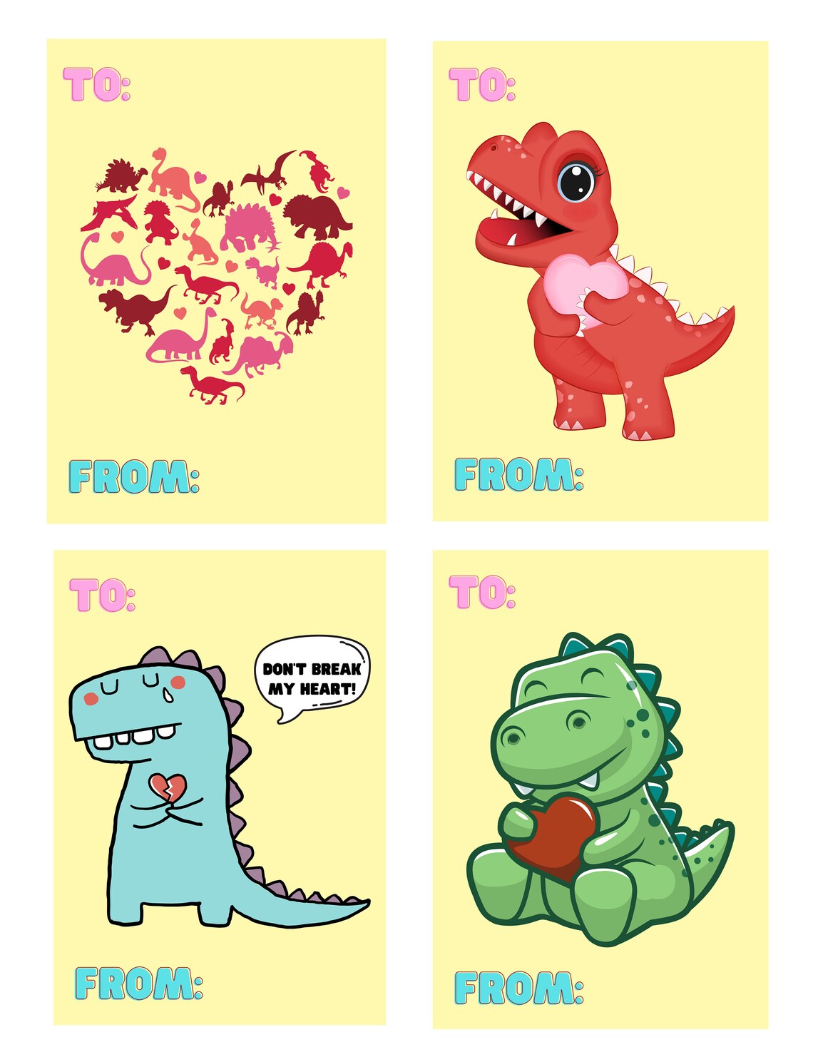 Cute Dinosaur Valentine's Day Cards: 3.5x5" Printable, Immediate ...
