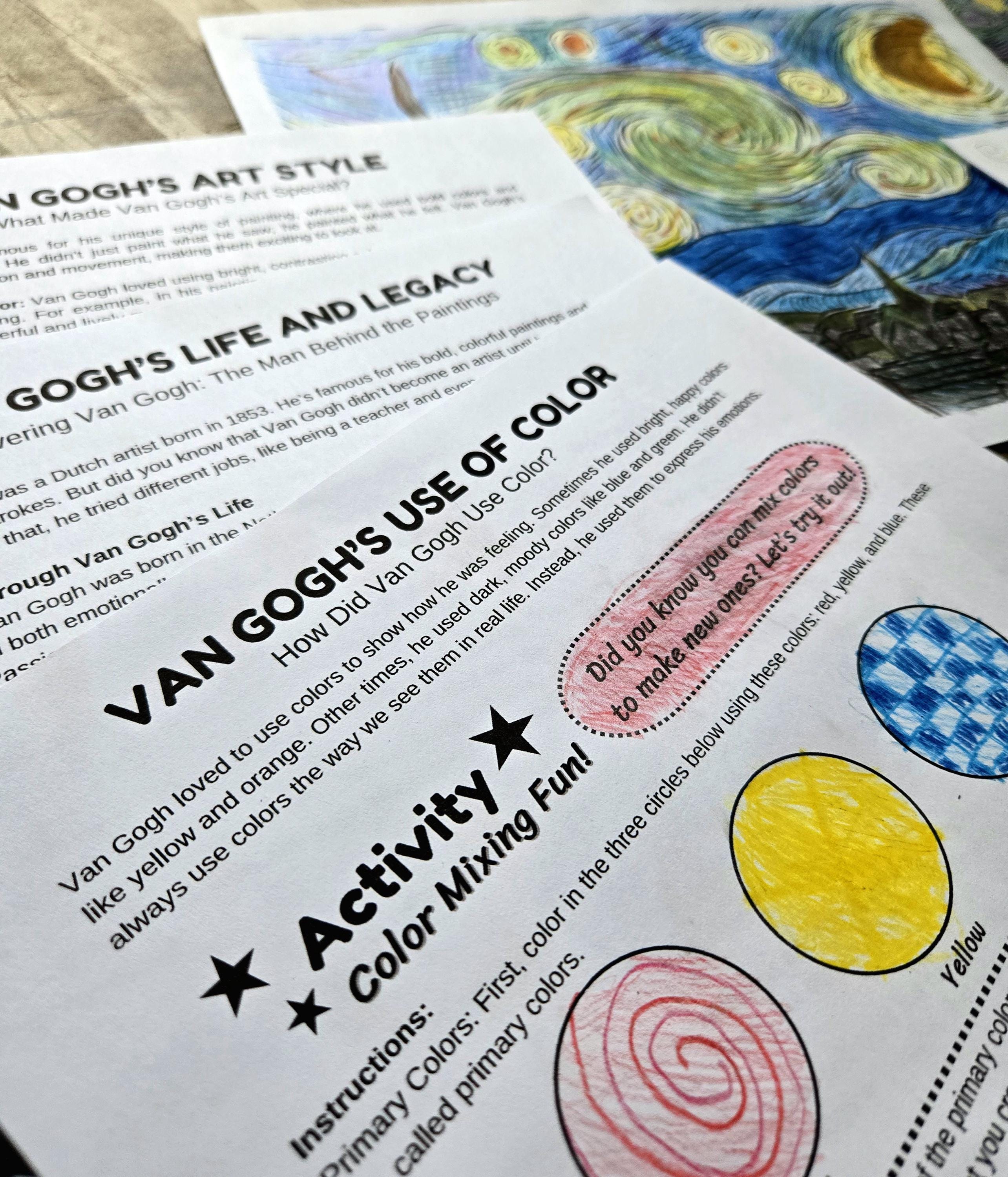 Van Gogh Art History Lesson for Kids | Educational Worksheet | Self-led ...
