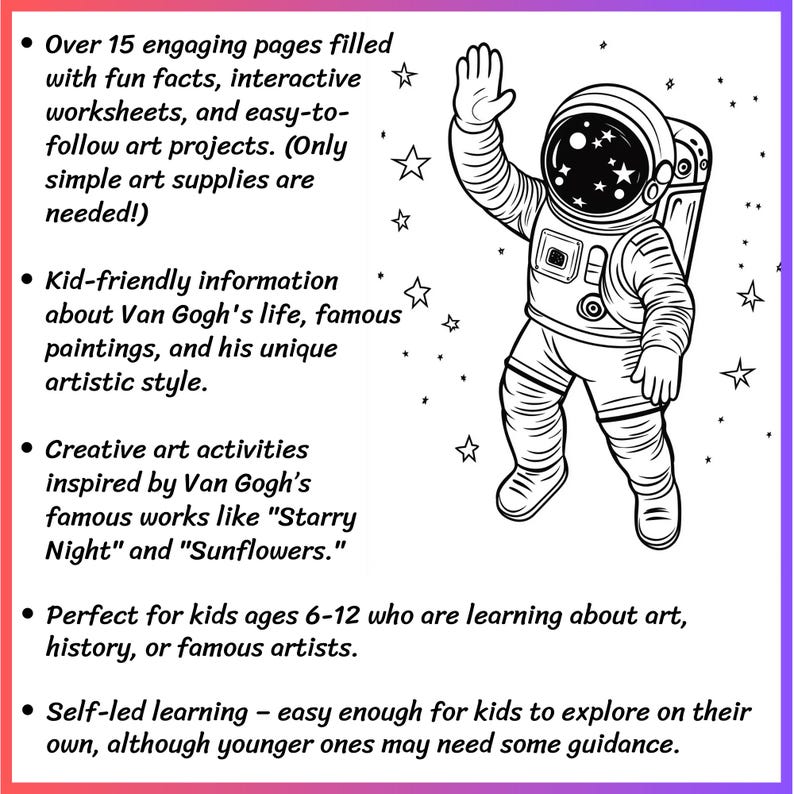 Van Gogh Art History Lesson for Kids | Educational Worksheet | Self-led ...