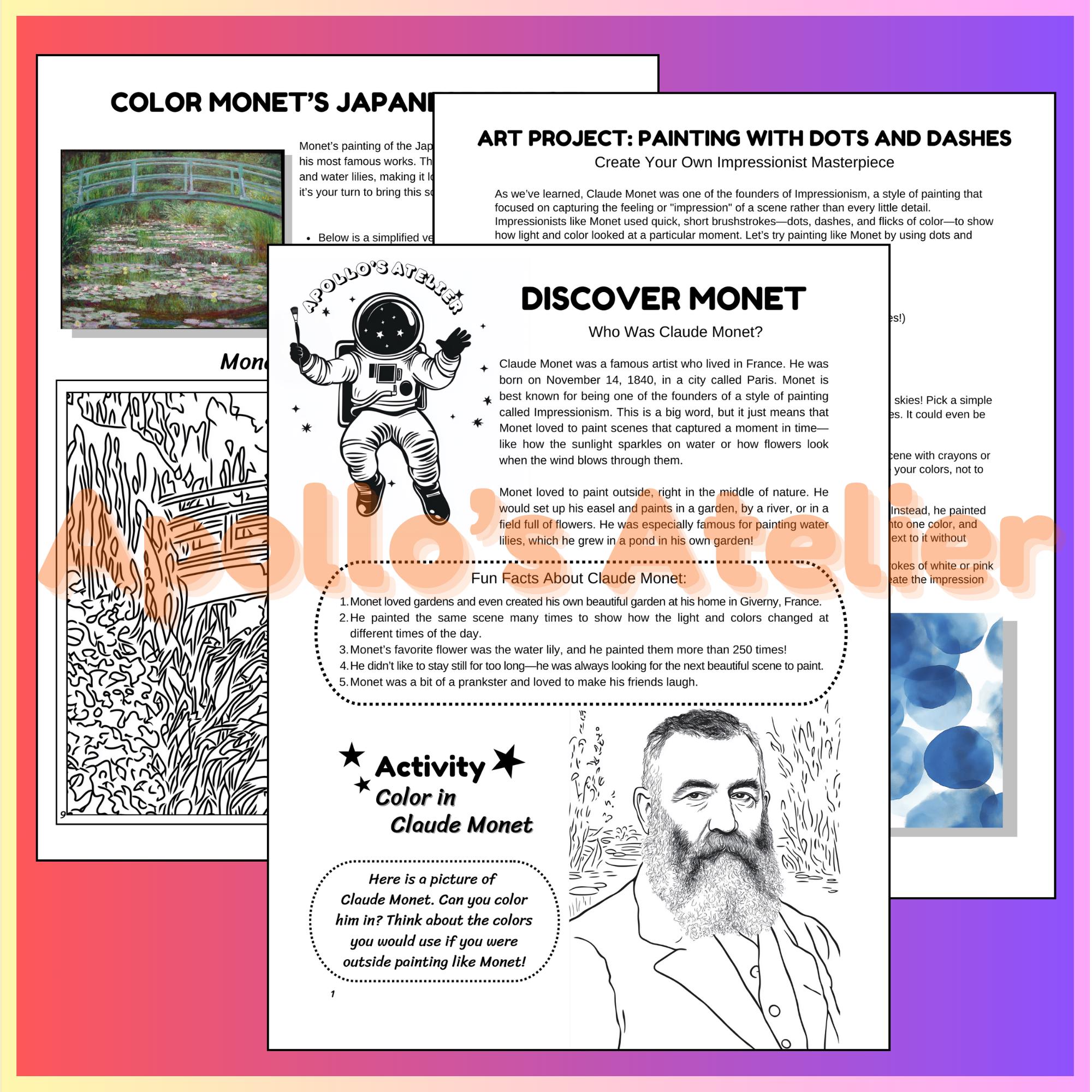 Claude Monet Art Worksheet Packet | Fun Art History Lessons for Kids ...