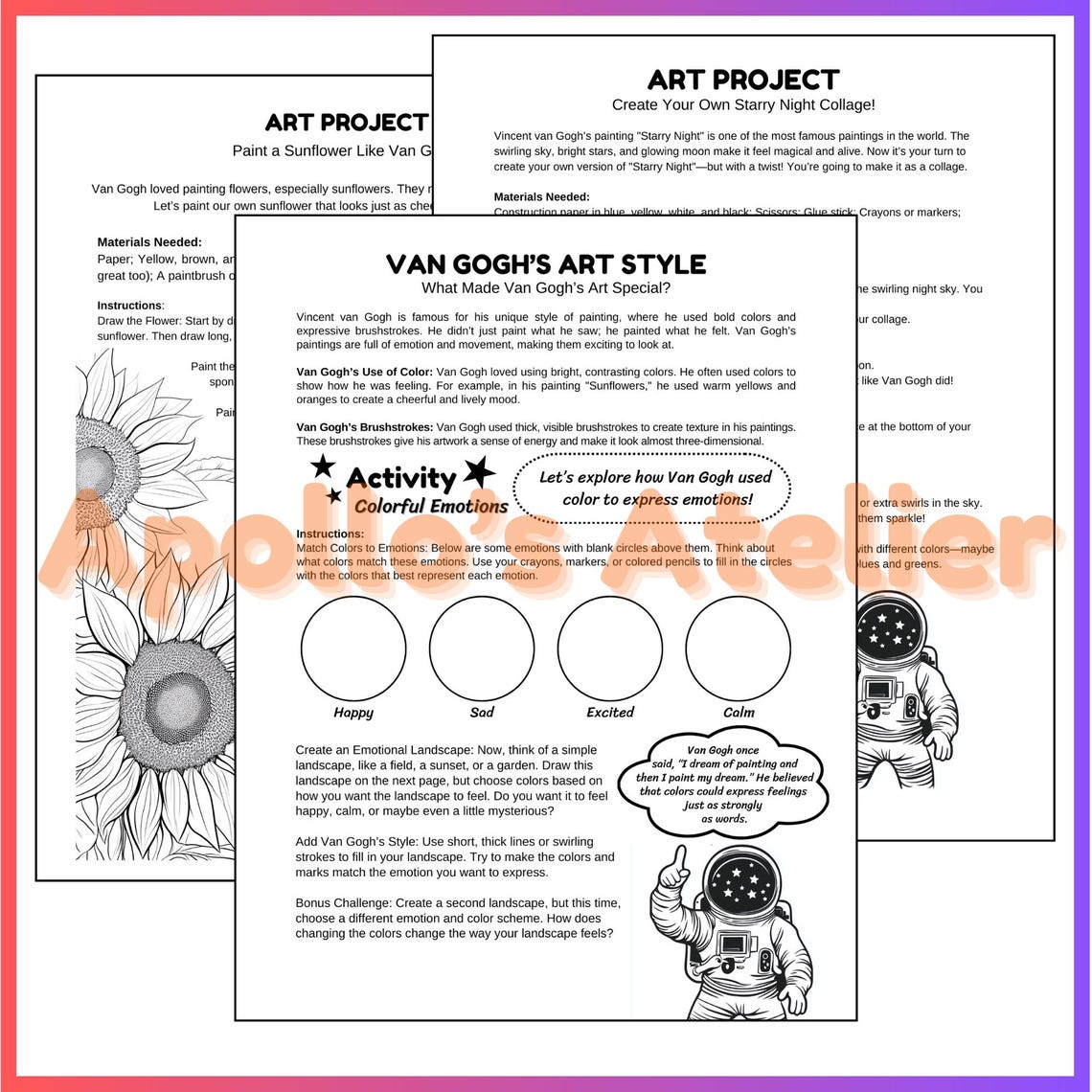 Van Gogh Art History Lesson for Kids | Educational Worksheet | Self-led ...
