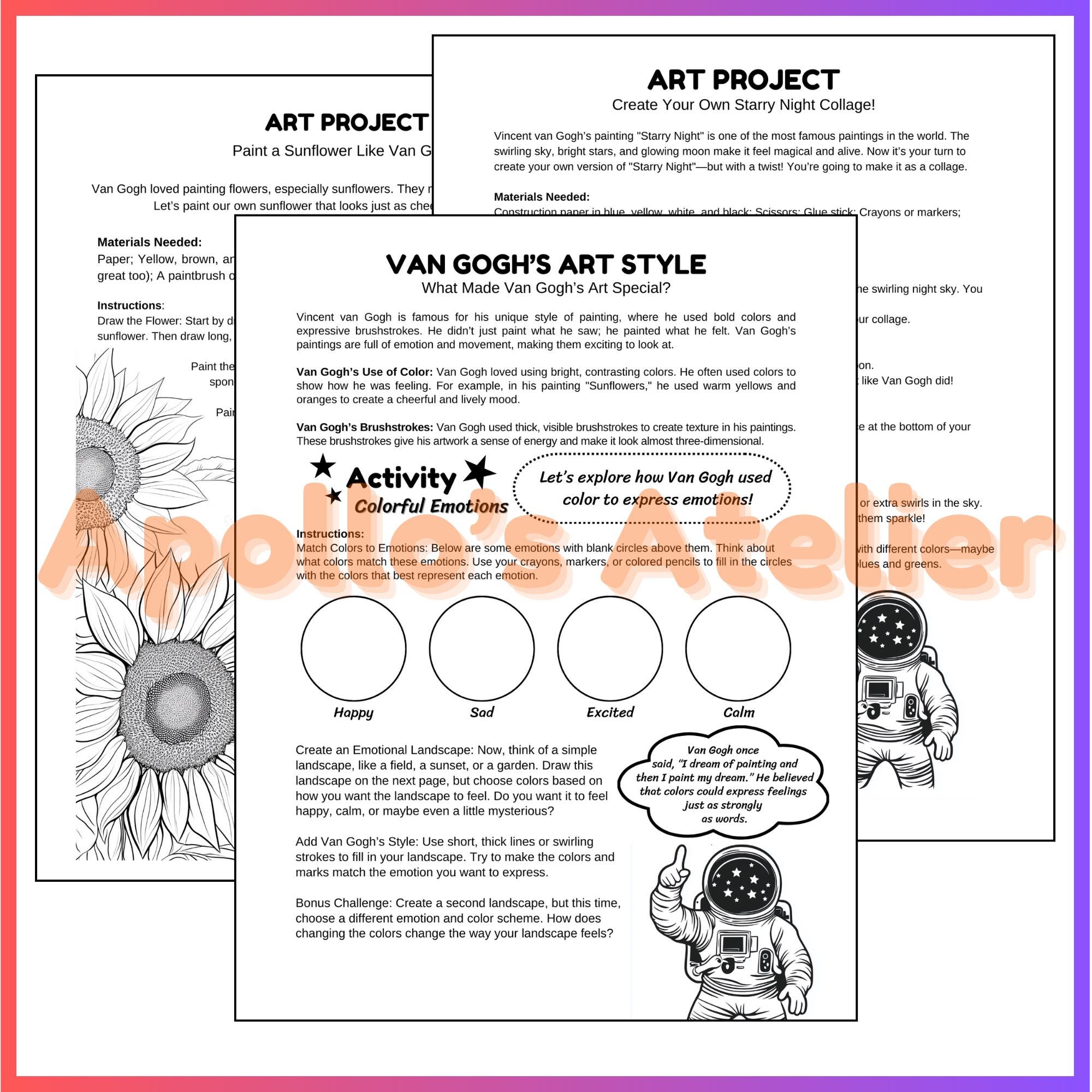 Van Gogh Art History Lesson for Kids | Educational Worksheet | Self-led ...