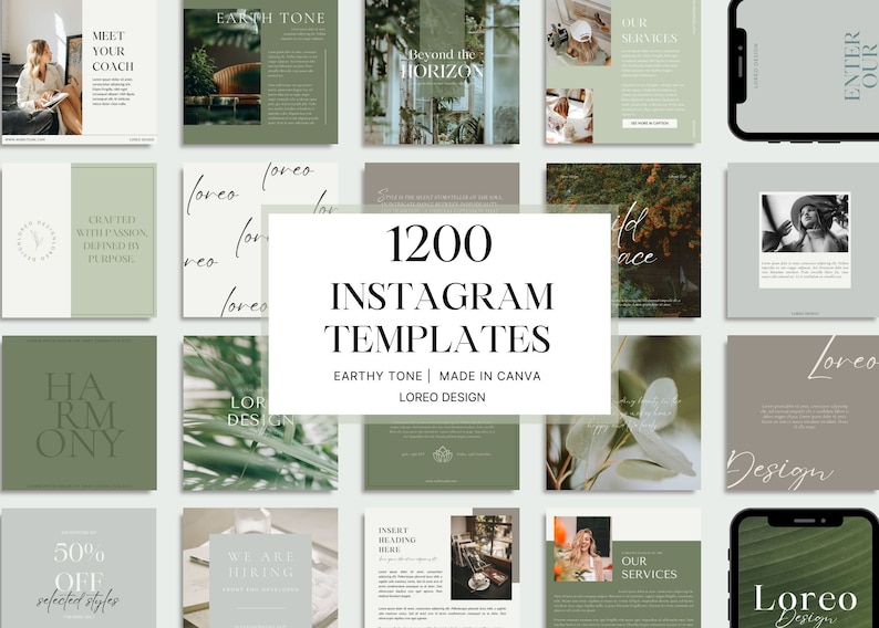 1200 Instagram Templates Green & Brown Modern Minimal Neutral Aesthetic ...