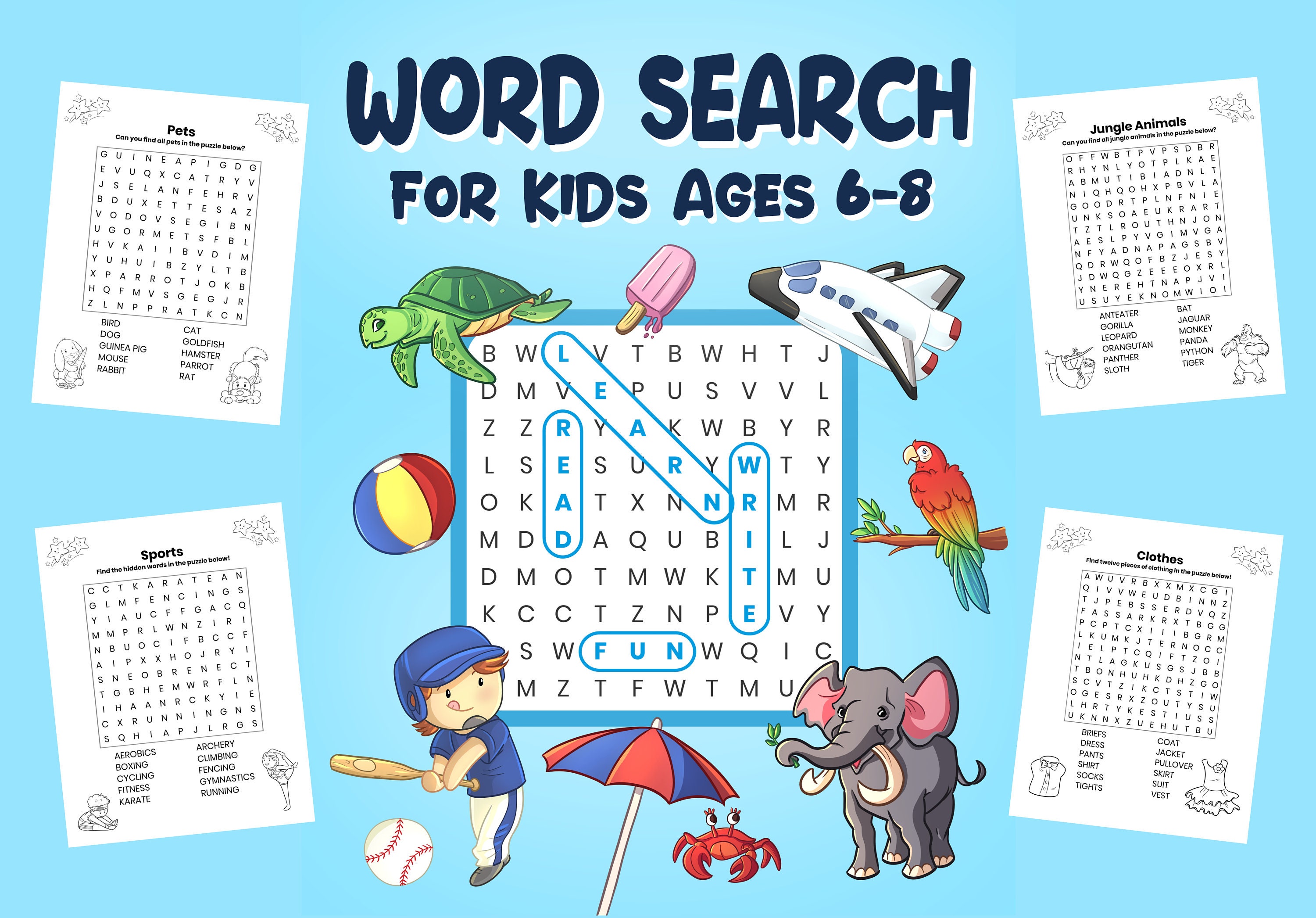 Printable Word Search Puzzles for Kids Ages 6-8 - Etsy