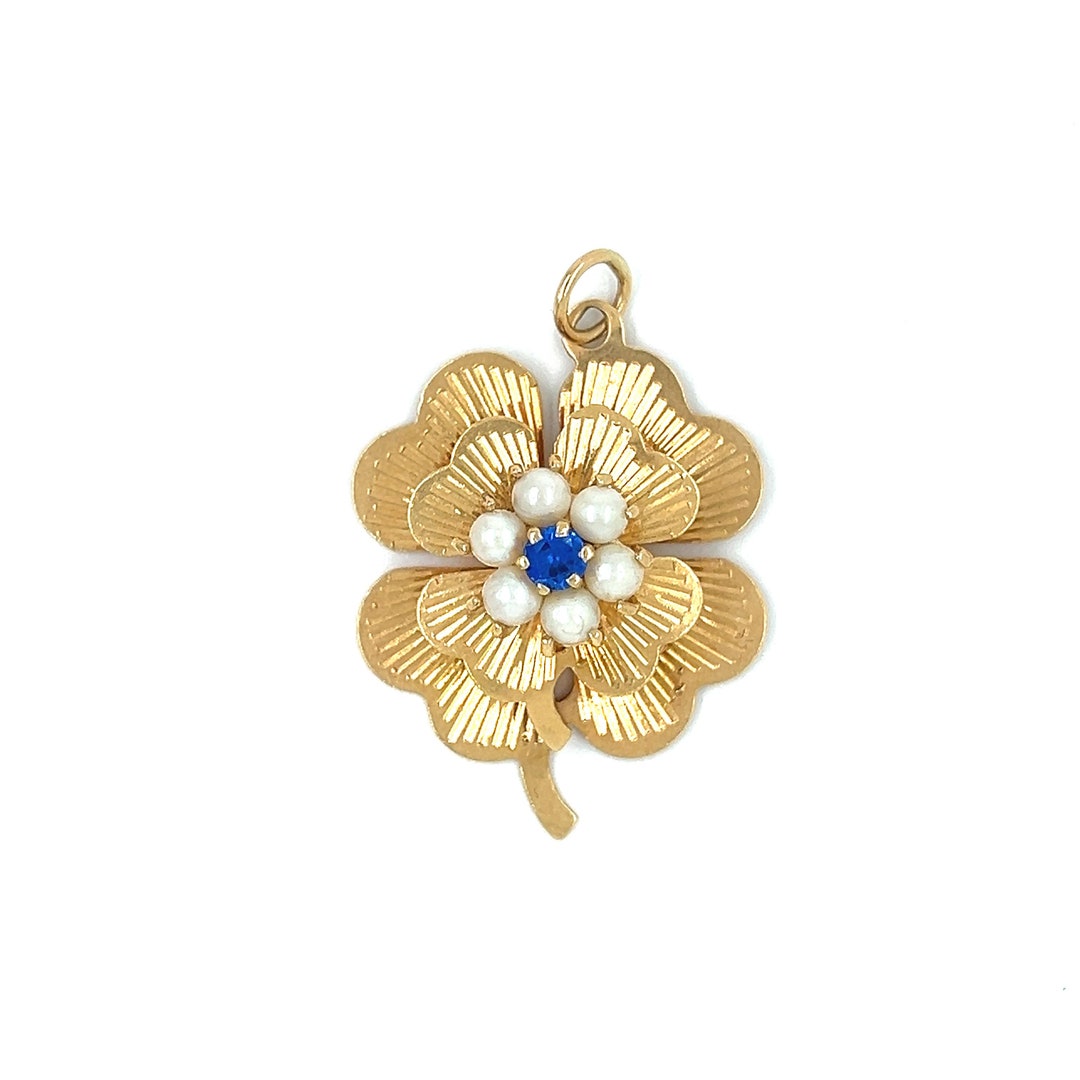 Vintage Engine Turned Two-tier Pearl and Blue Sapphire Clover 14k Gold ...