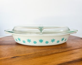 Vintage Pyrex Blue Snowflake Divided Casserole Dish 063 1 - Etsy