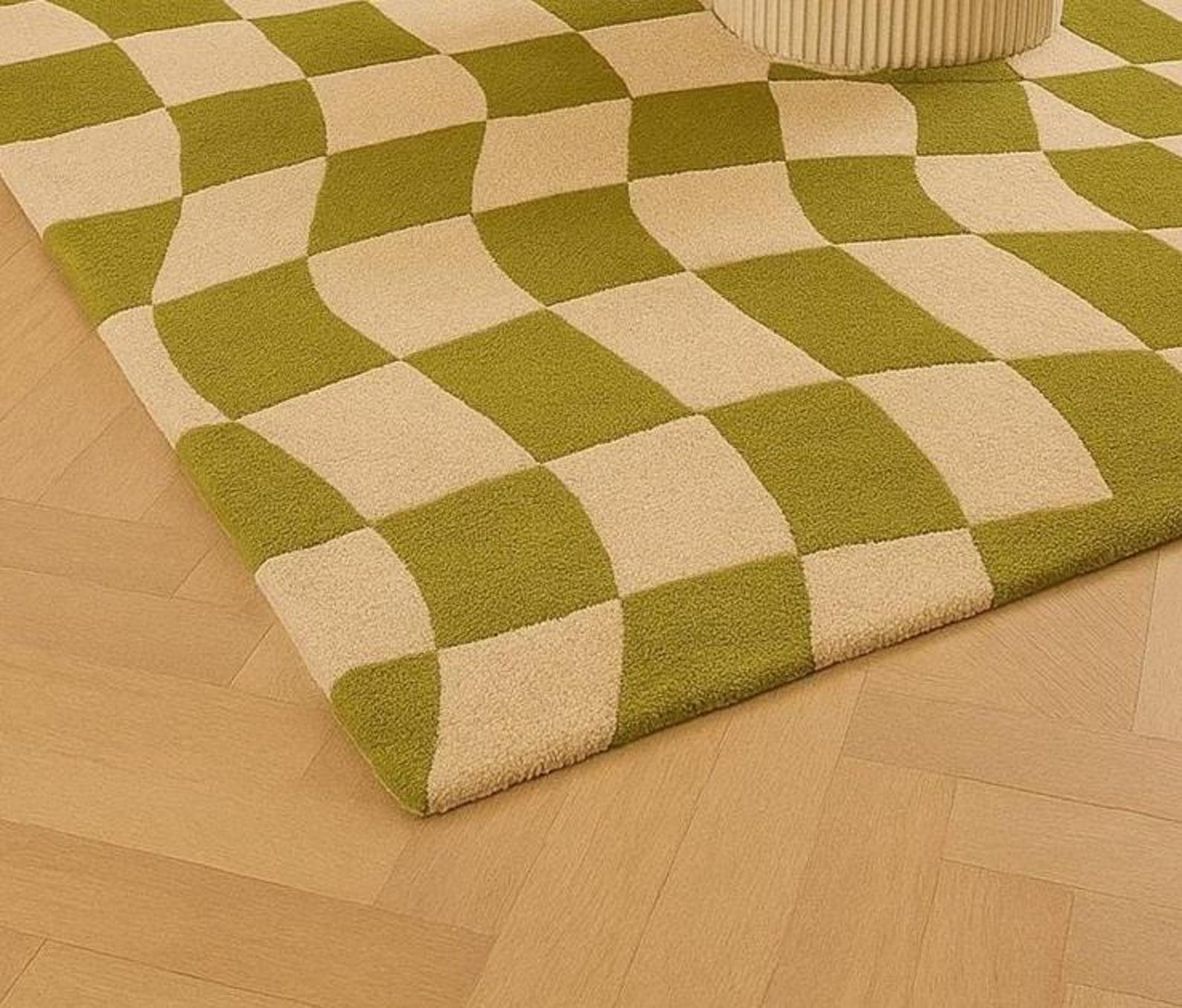 Wavy Checkerboard Wool Rug: Green Beige Hand-tufted Carpet Living Room ...