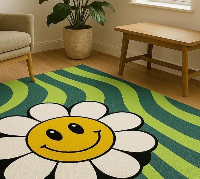 Handmade Smiley Flower Rug | Colorful Hand-tufted Carpet | Funky Wavy ...