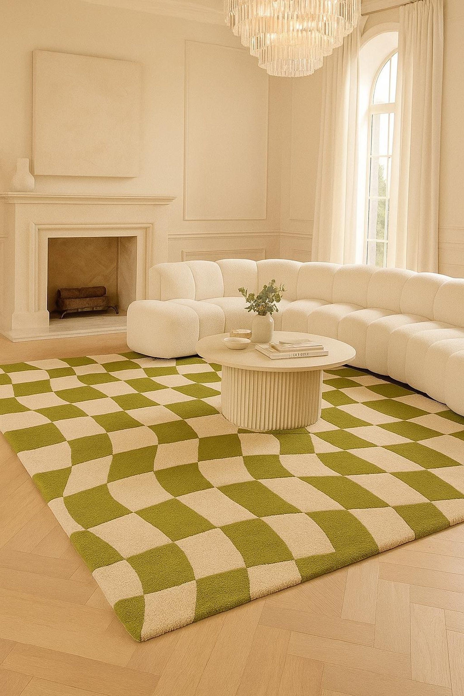 Wavy Checkerboard Wool Rug: Green Beige Hand-tufted Carpet Living Room ...