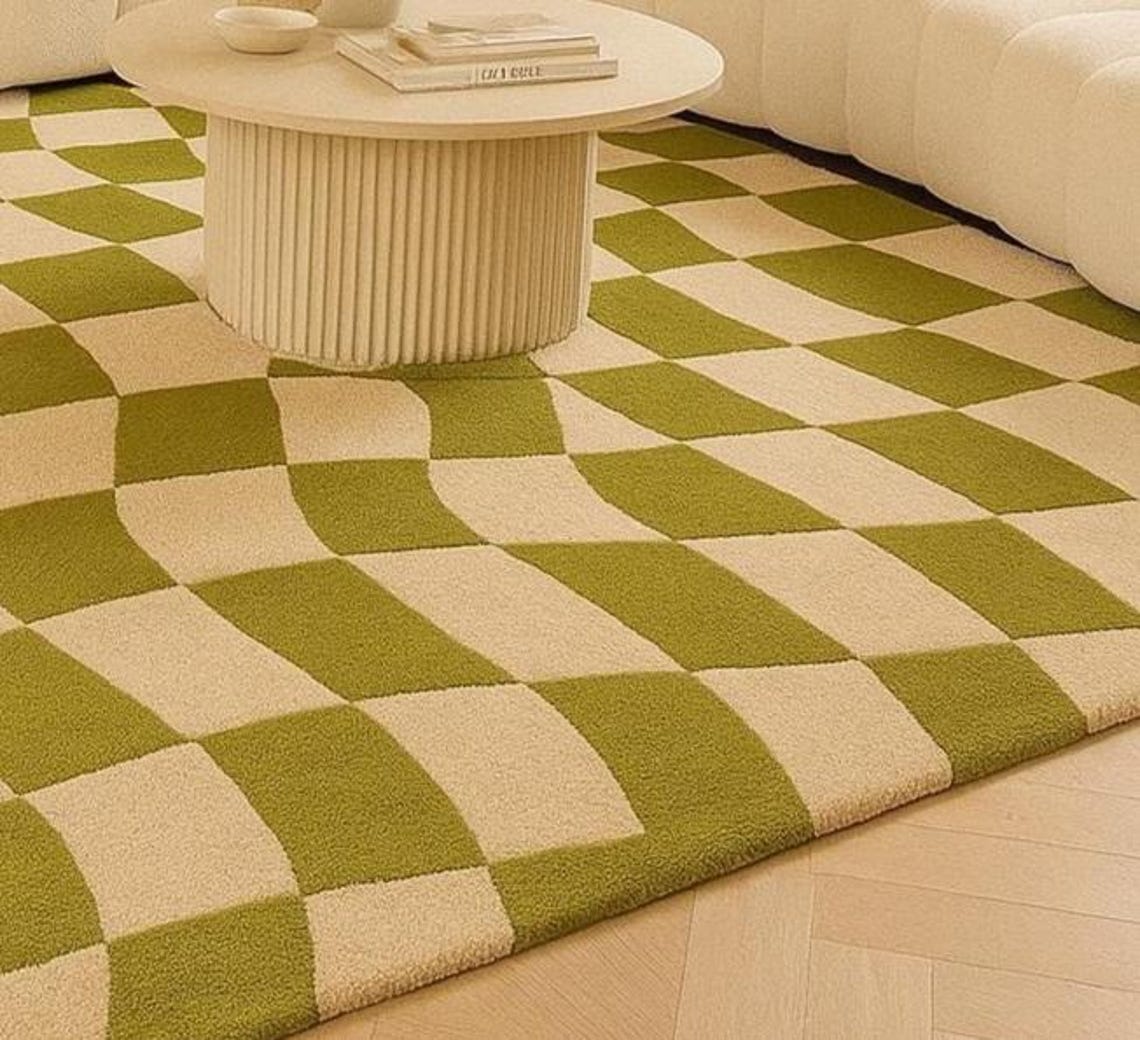 Wavy Checkerboard Wool Rug: Green Beige Hand-tufted Carpet Living Room ...