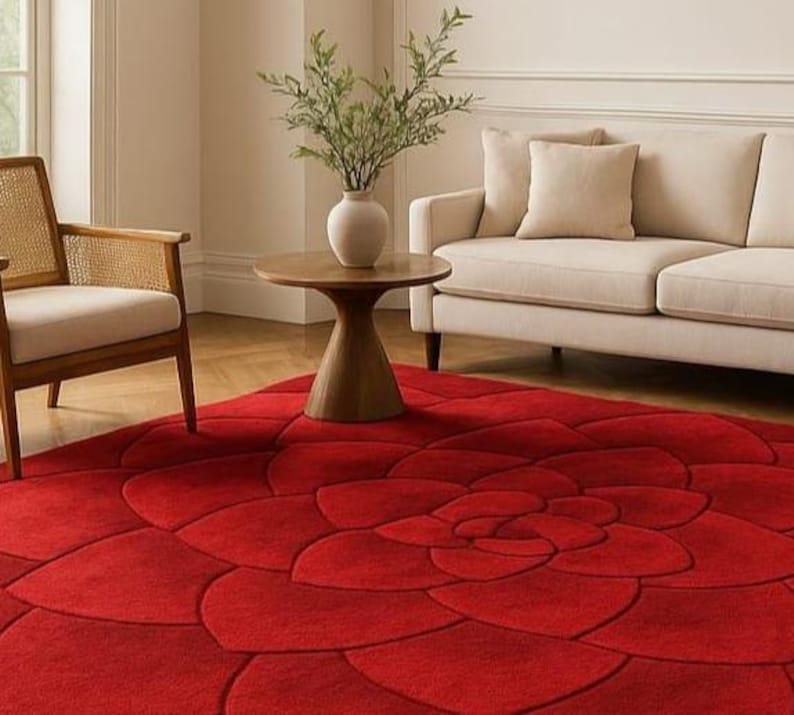 Hand-tufted Wool Flower Rug: Colorful Floral Red Carpet Living Room ...
