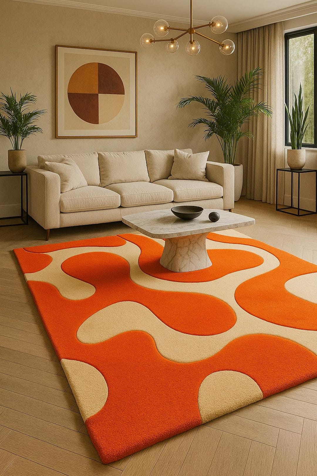 Hand Tufted Wool Wavy Rug: Retro 70s Orange & Beige Carpet - Etsy