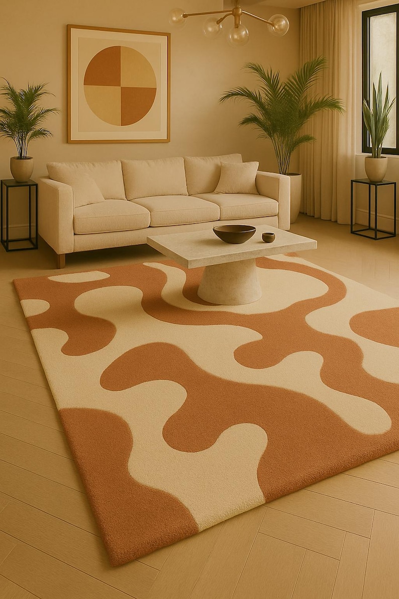 Hand Tufted Wool Wavy Rug: Retro 70s Orange & Beige Carpet - Etsy