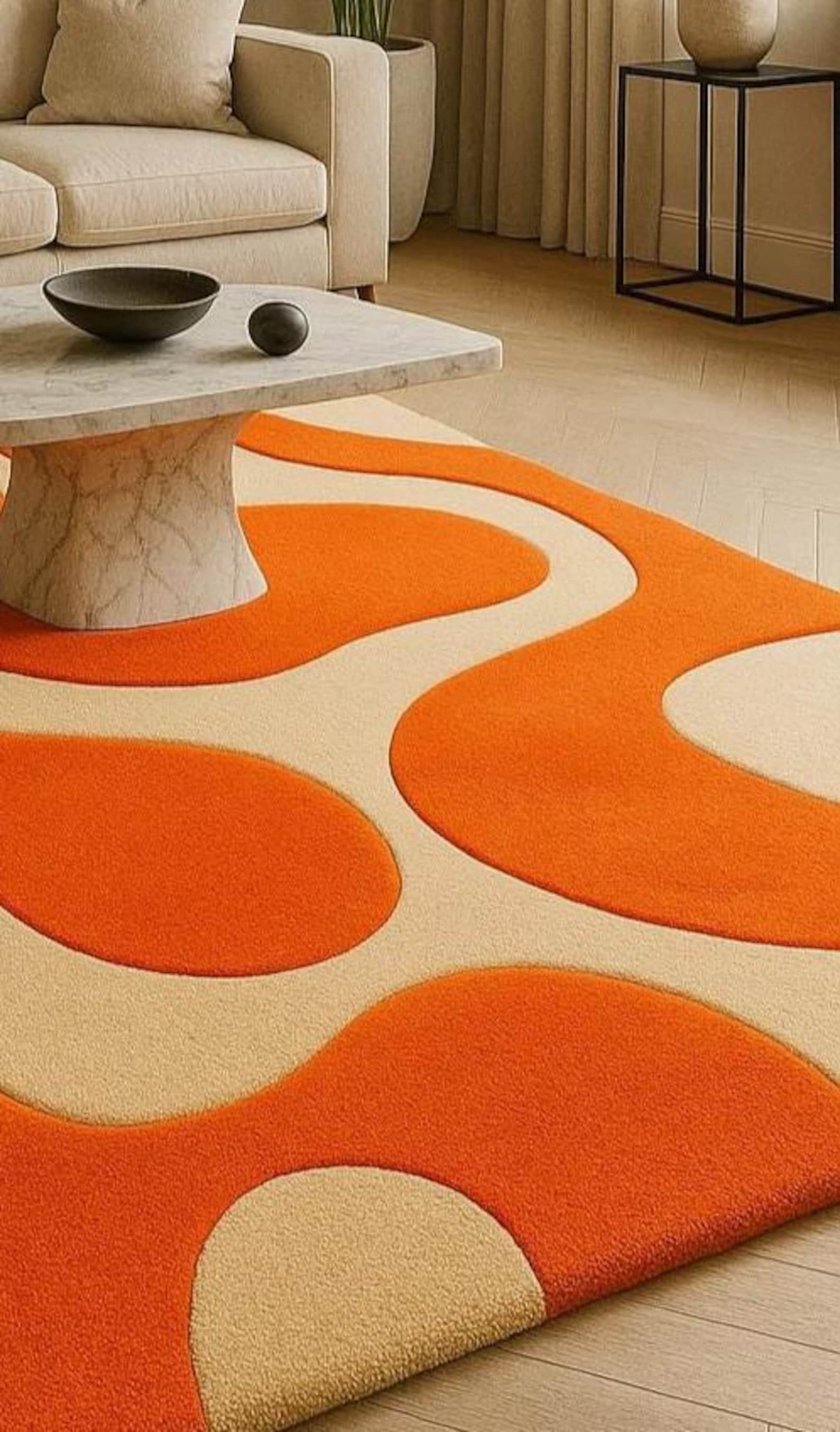 Hand Tufted Wool Wavy Rug: Retro 70s Orange & Beige Carpet - Etsy
