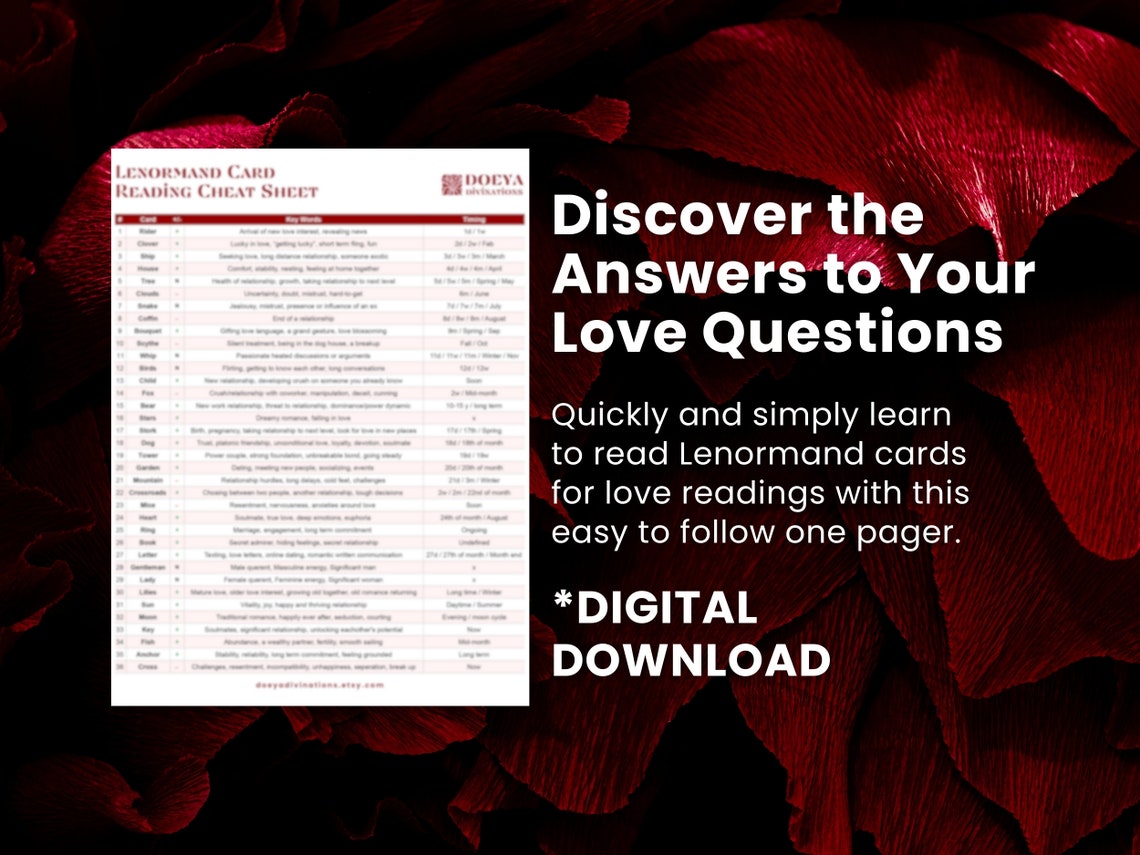 Lenormand Love Reading Cheat Sheet | One Page Digital Download ...