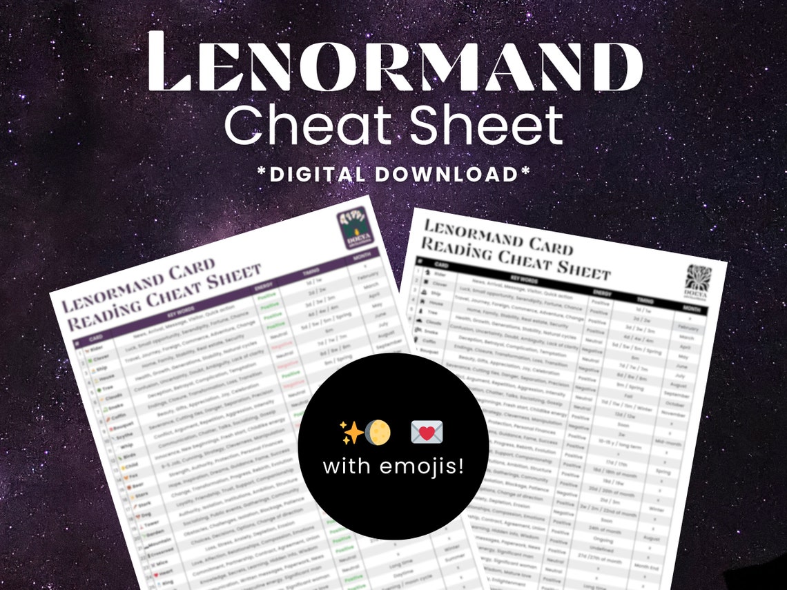 Lenormand Card Reading Printable Cheat Sheet | One Page Digital ...