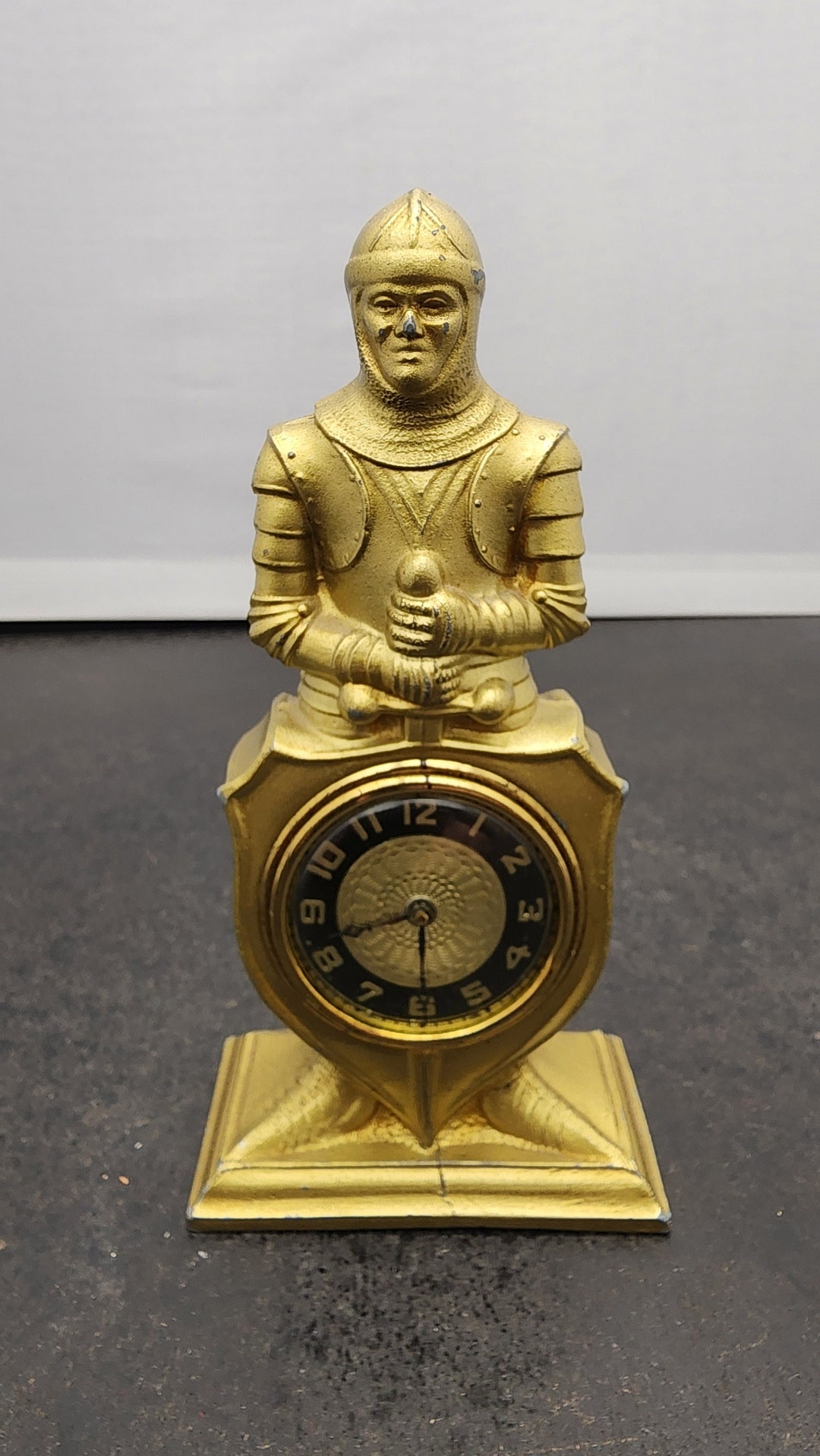 Cast Metal Knight Clock, 6" Gold Painted Decorative Clock, Restoration ...