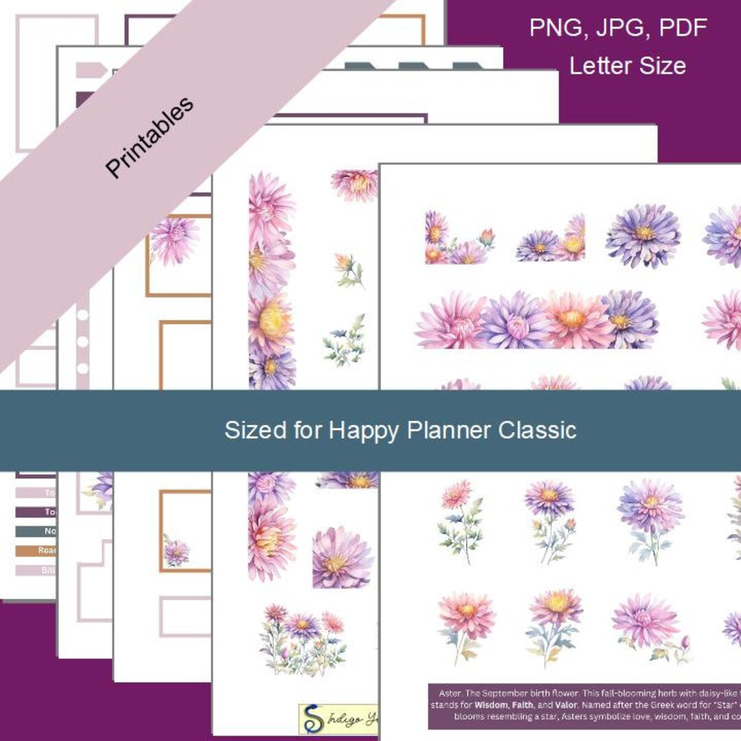 Birth Flower September Aster Printable Planner Stickers - Etsy