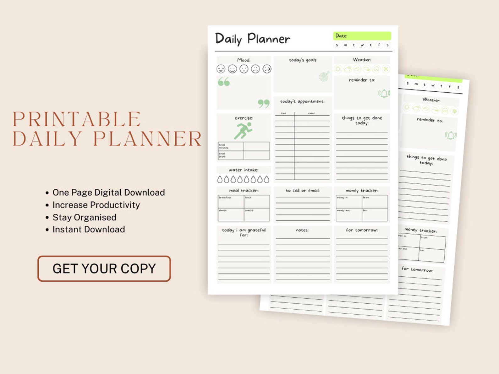 Daily Planner Printable, Instant Download, Productivity Planner ...