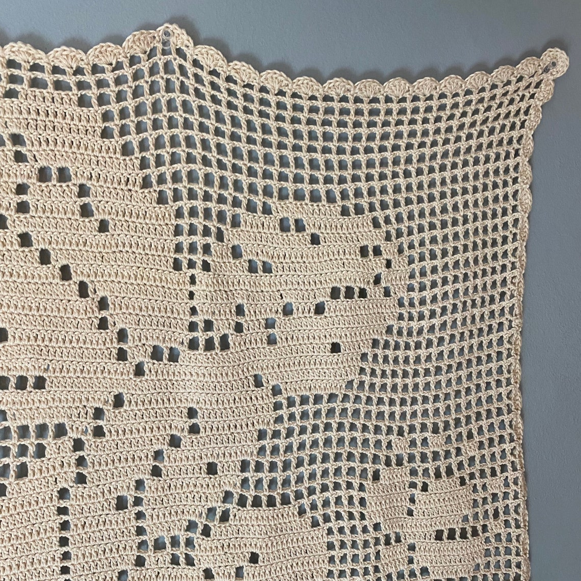 Handmade Filet Crochet Tapestry With Scalloped Edge Cherub Sitting on a ...