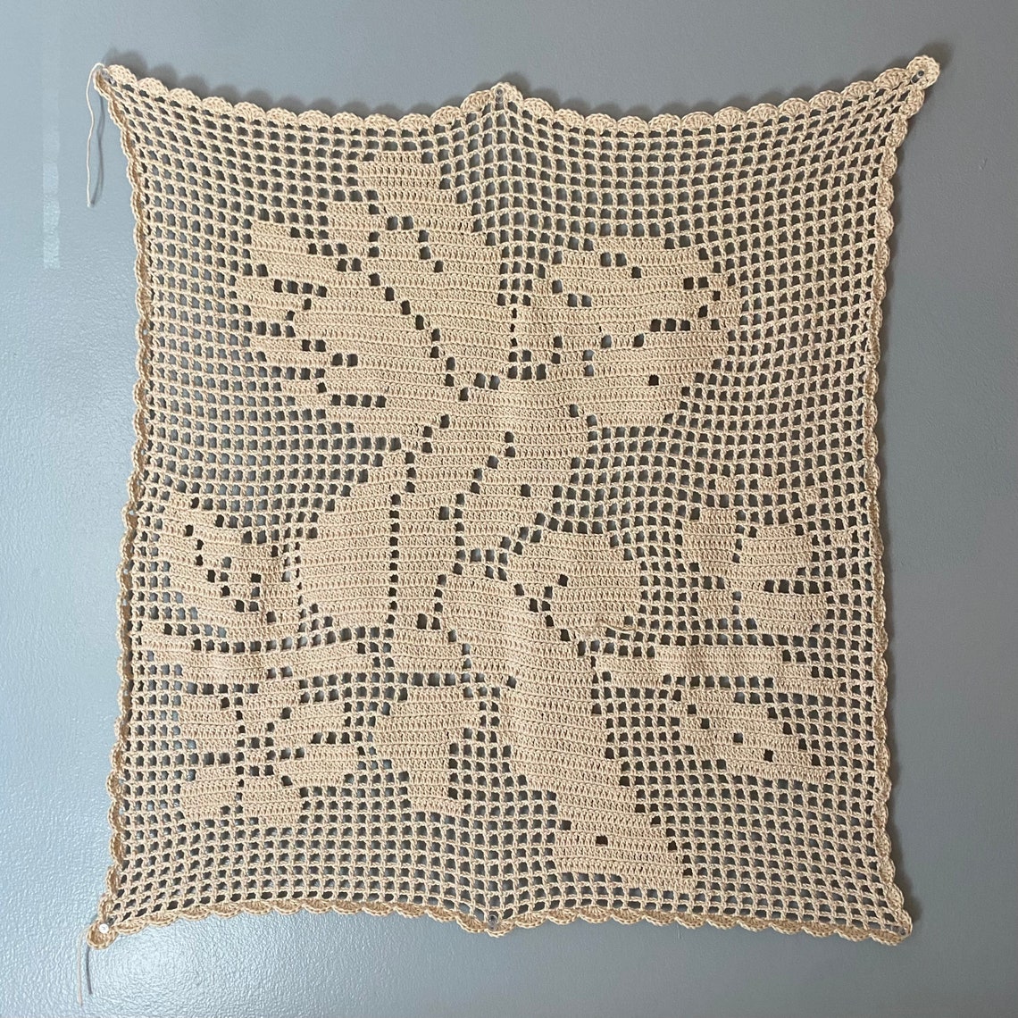 Handmade Filet Crochet Tapestry With Scalloped Edge Cherub Sitting on a ...