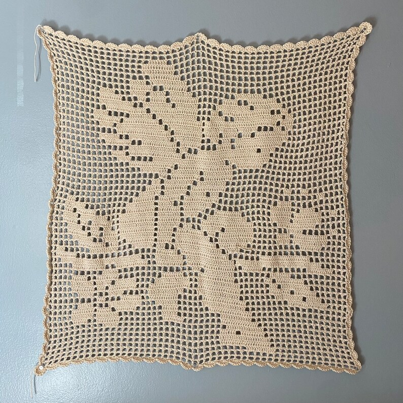 Handmade Filet Crochet Tapestry With Scalloped Edge Cherub Sitting on a ...