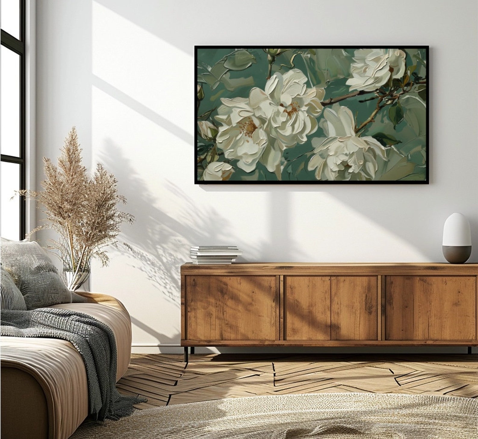 White Roses Oil Painting: Rustic Farmhouse Frame TV Art (digital ...